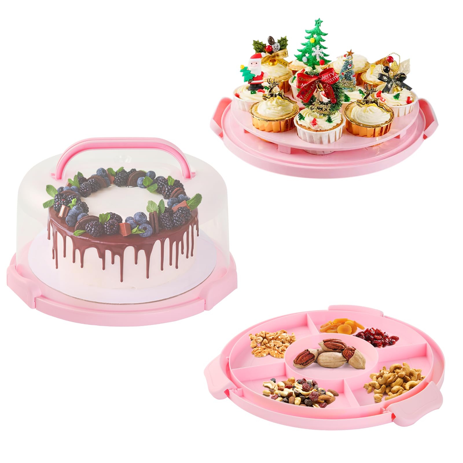 DZ CLAN Cake Carrier, Carrier Cupcake Holder with Cake Turntable, Cake Carrier with Lid and Handle(Pink)