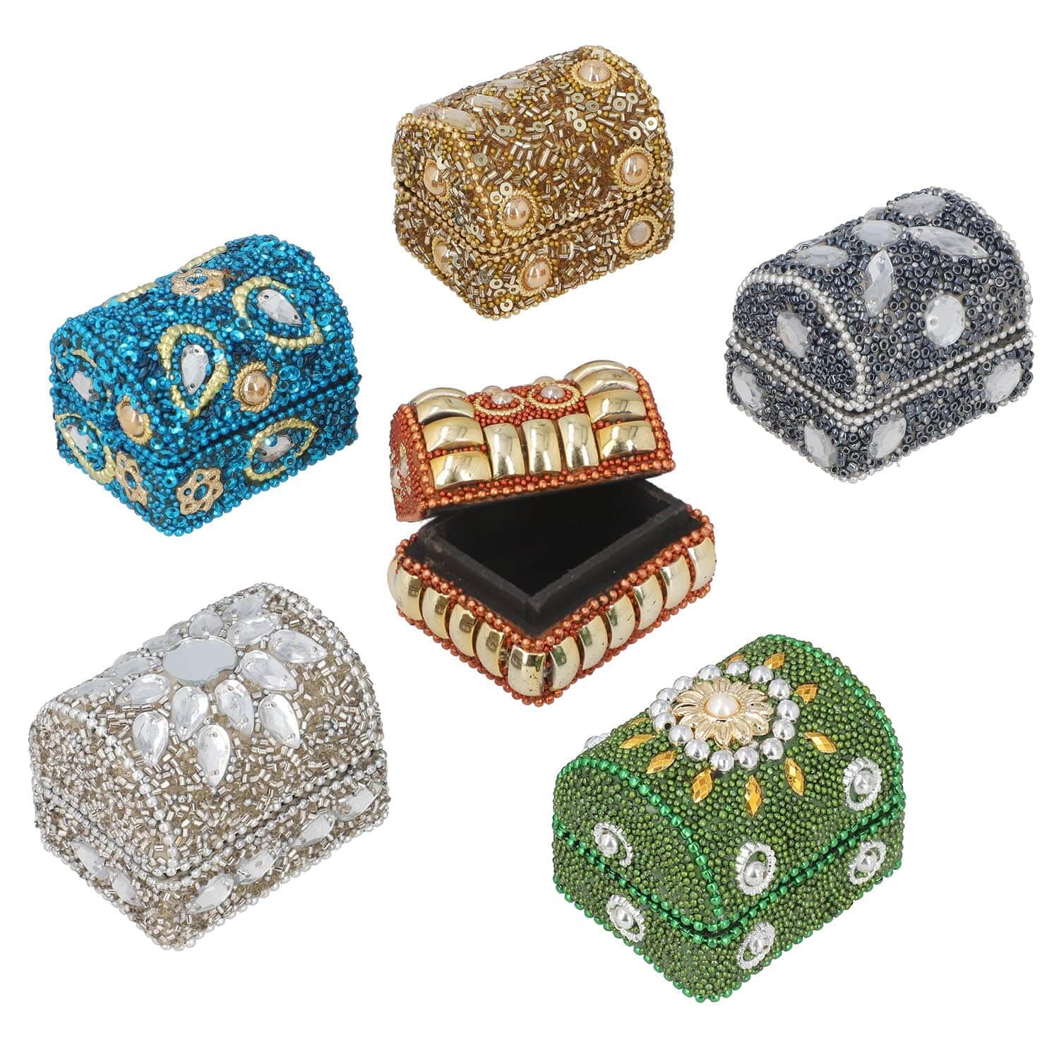SHOP LC DELIVERING JOY Small Travel Jewelry Organizer for Women - Treasure Chest Box Handcrafted Set of 6 Beaded Glitter & Glass Vintage Christmas Gifts - Multicolor