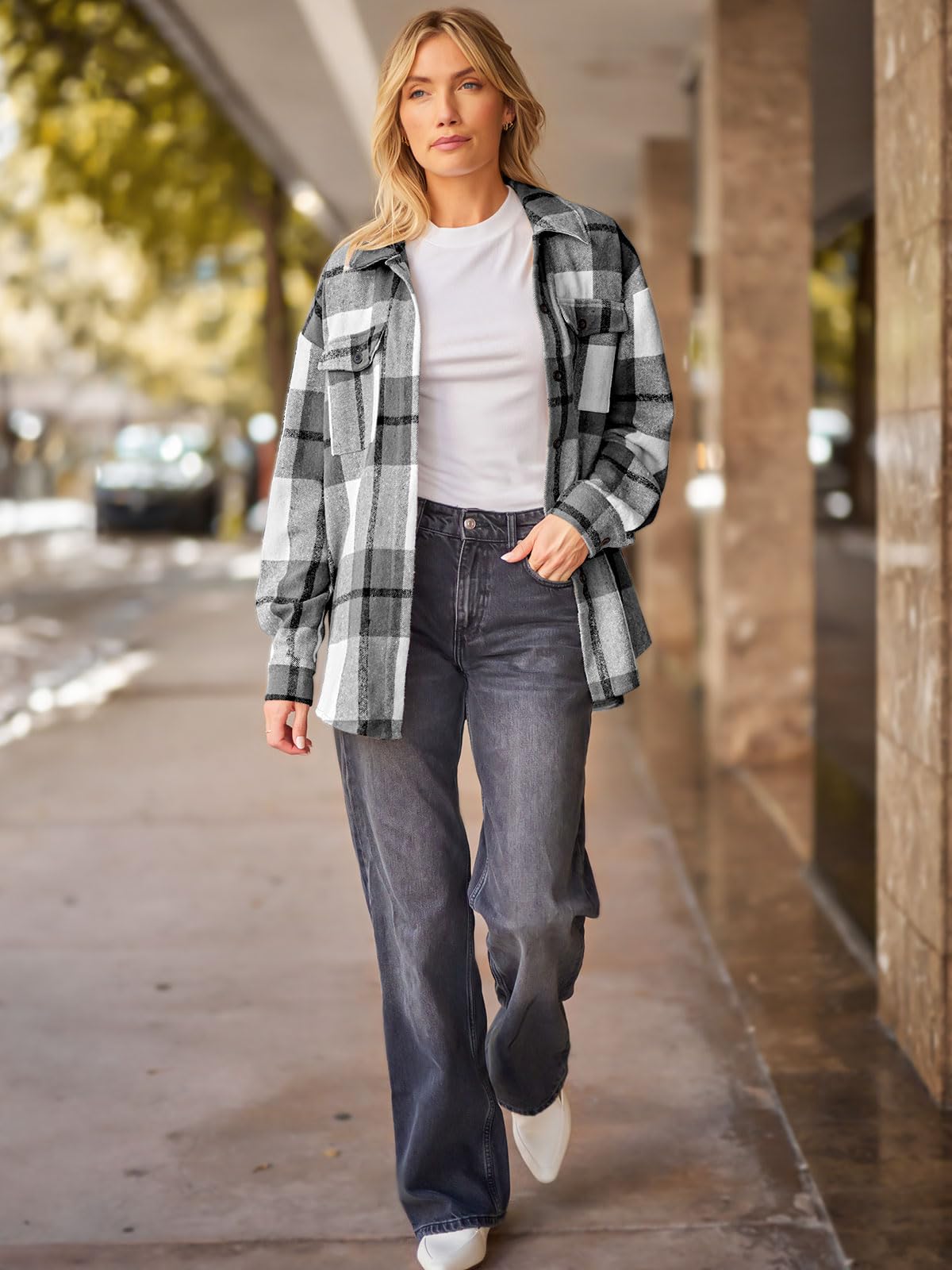 AUTOMET Womens Fall Outfits Fashion Clothes Shackets Flannel Plaid Button Down Long Sleeve Shirts Jackets Grey M