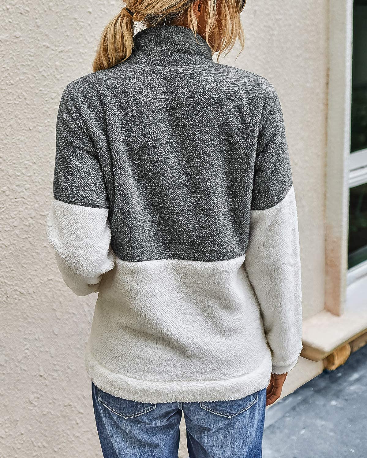 BTFBM Women Sherpa Pullover Quarter Zip Long Sleeve Fluffy Soft Fleece Jackets Sweaters Sweatshirts Hoodies Outwear Coat (Grey, Medium)