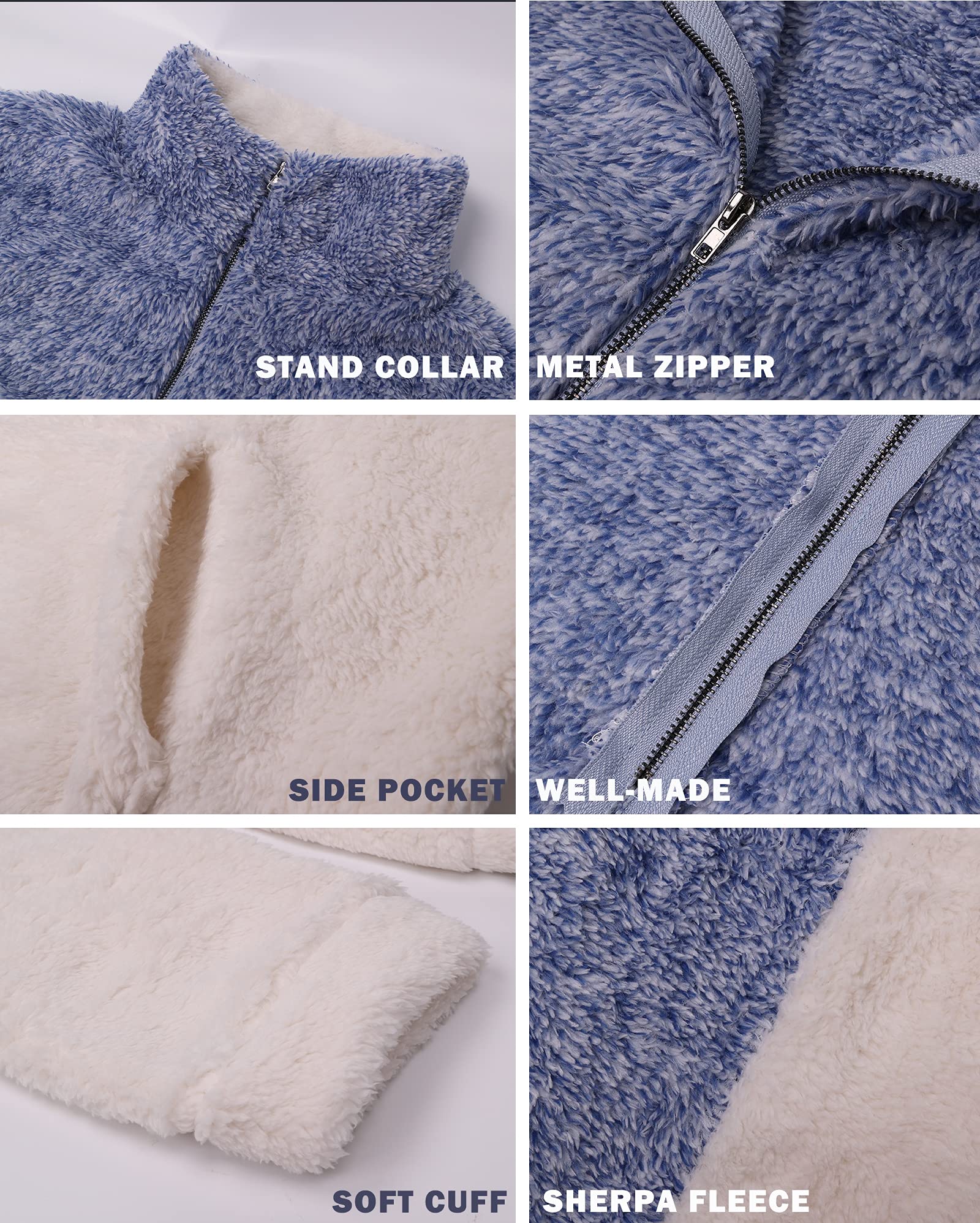 BTFBM Women Sherpa Pullover Quarter Zip Long Sleeve Fluffy Soft Fleece Jackets Sweaters Sweatshirts Hoodies Outwear Coat (Grey, Medium)