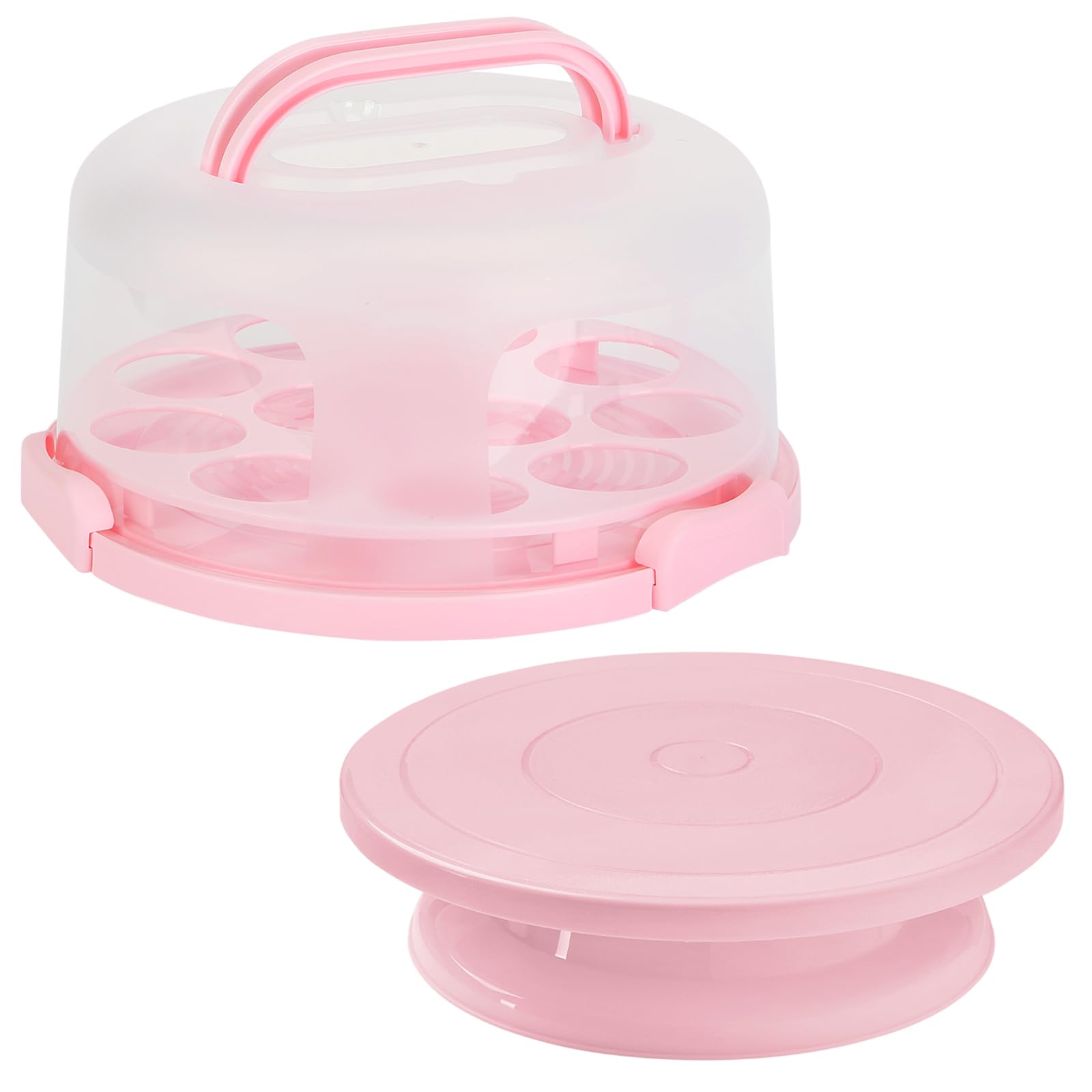 DZ CLAN Cake Carrier, Carrier Cupcake Holder with Cake Turntable, Cake Carrier with Lid and Handle(Pink)