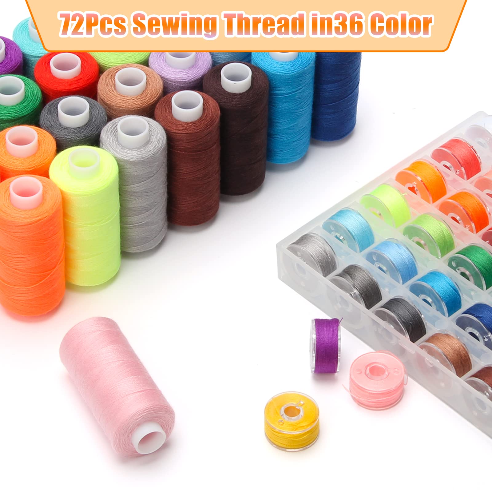WIWAPLEX 72pc Bobbin Sewing Kit, 437 Yards Thread, 36 Colors, Prewound, Hand & Machine Sewing, Emergency & Travel, DIY & Home