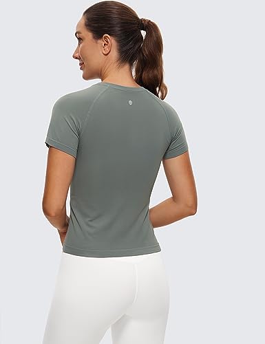 CRZ YOGA Women's Seamless Workout Tops Breathable Short Sleeve Gym Shirts Running Yoga Athletic T-Shirts Grey Sage Large