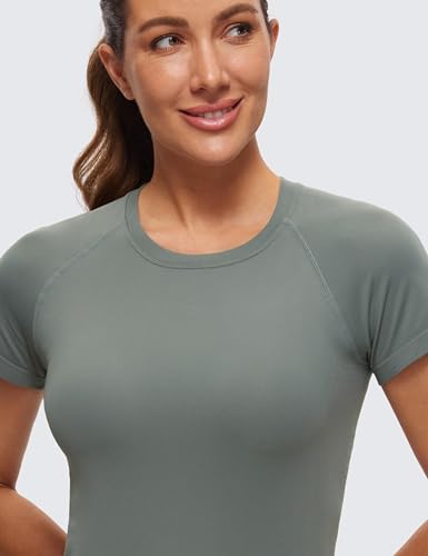 CRZ YOGA Women's Seamless Workout Tops Breathable Short Sleeve Gym Shirts Running Yoga Athletic T-Shirts Grey Sage Large