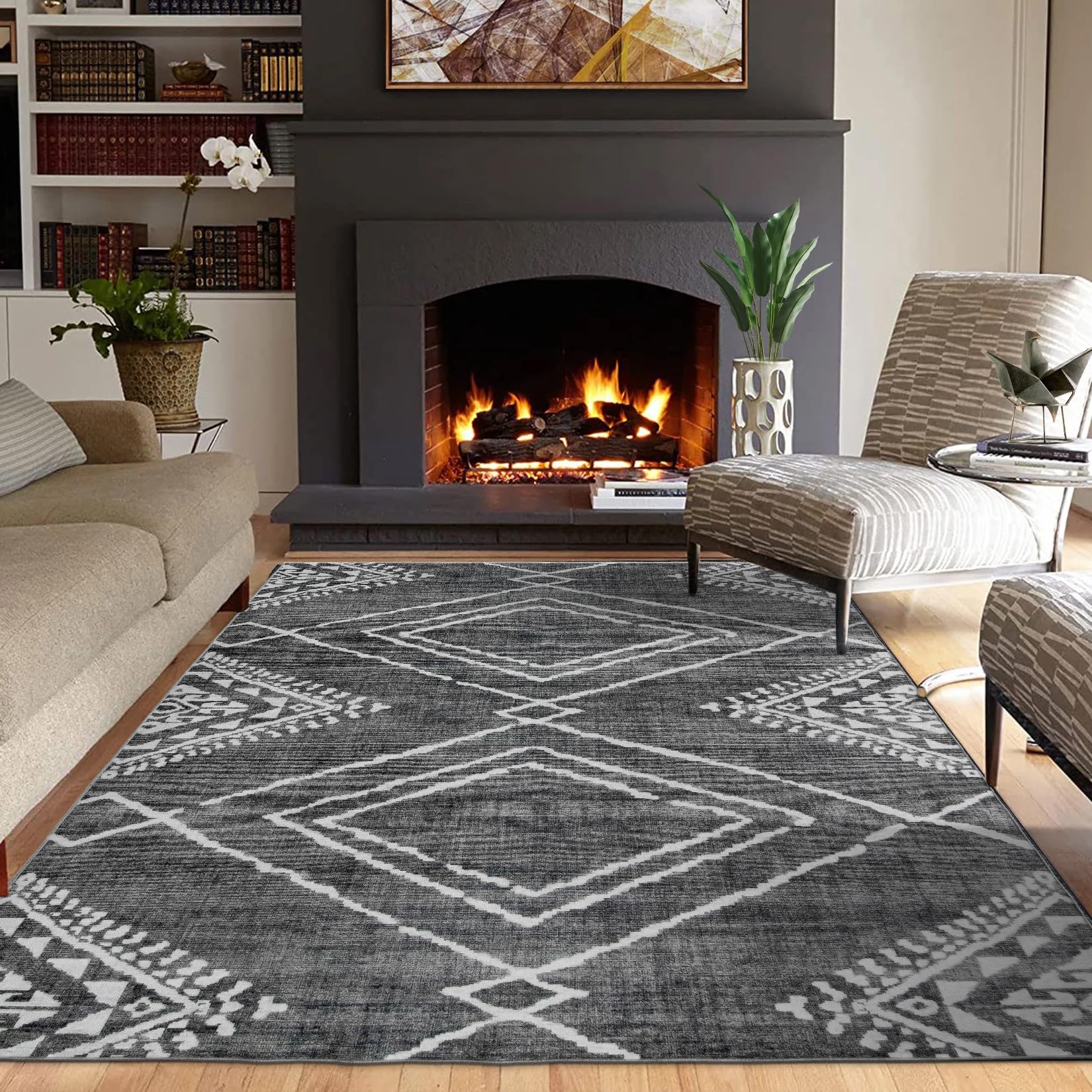 ReaLife Machine Washable Area Rug Runner - Living Room Bedroom Bathroom Kitchen Entryway Office - Padded Low Pile Stain Resistant Premium - Moroccan Diamond Tribal - Jax - Gray 3' x 5'