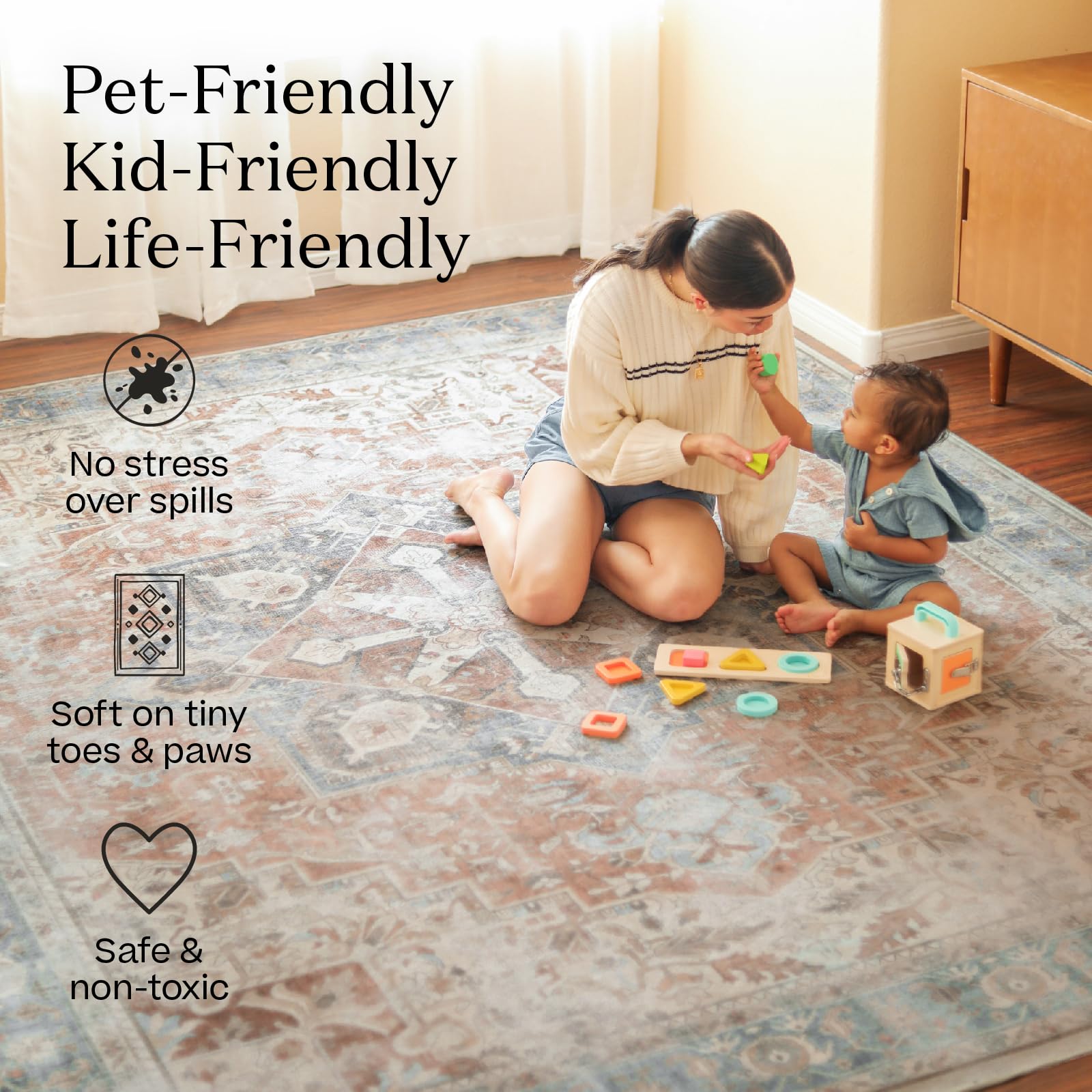 Ruggable Washable Plush 2x3 Area Rug, Moroccan Diamond, Premium Rugs for Living Room, Bedroom, Kitchen, Office, Classroom with Gripper Non Slip Pad