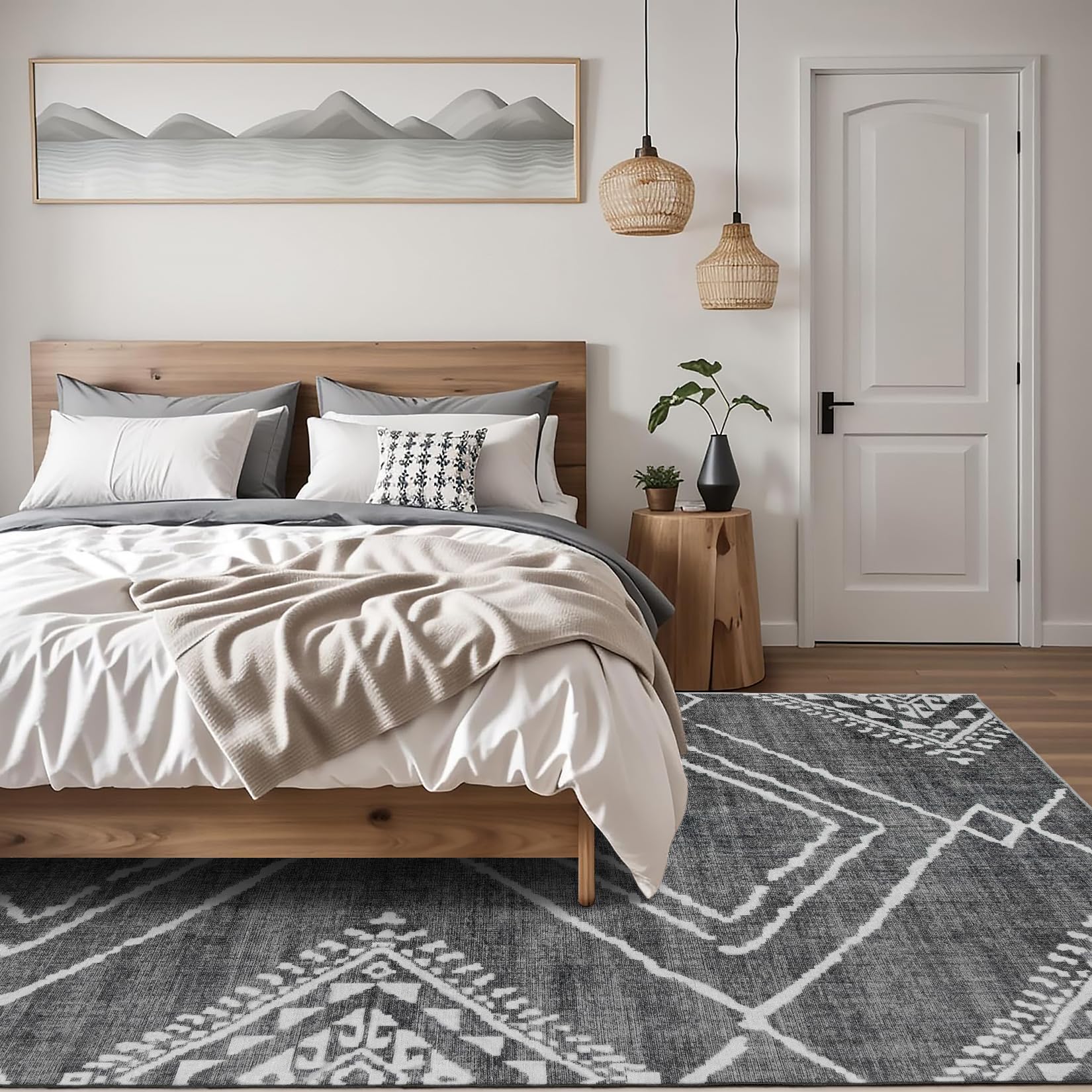 ReaLife Machine Washable Area Rug Runner - Living Room Bedroom Bathroom Kitchen Entryway Office - Padded Low Pile Stain Resistant Premium - Moroccan Diamond Tribal - Jax - Gray 3' x 5'