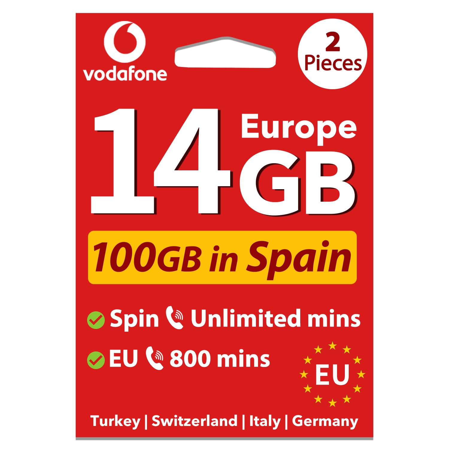 【2 Pack】 Vodafone Europe Prepaid SIM Card 14GB Data+800 min in 34 Countries