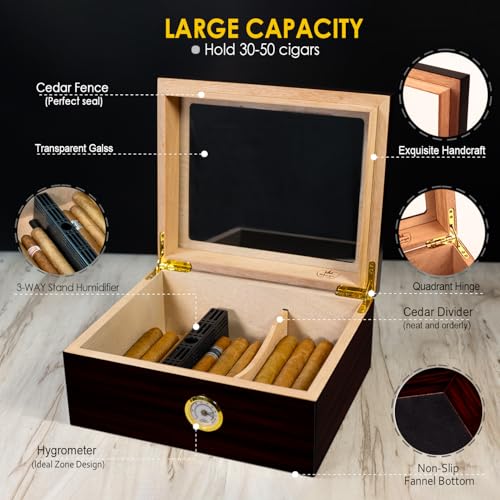 Slege Cigar Humidor,Humidor Cigar Box for Cuban Cigars,Glass-Top Humidor Spanish Cedar-Cigar Case,Humidifier,Divider,Hygrometer