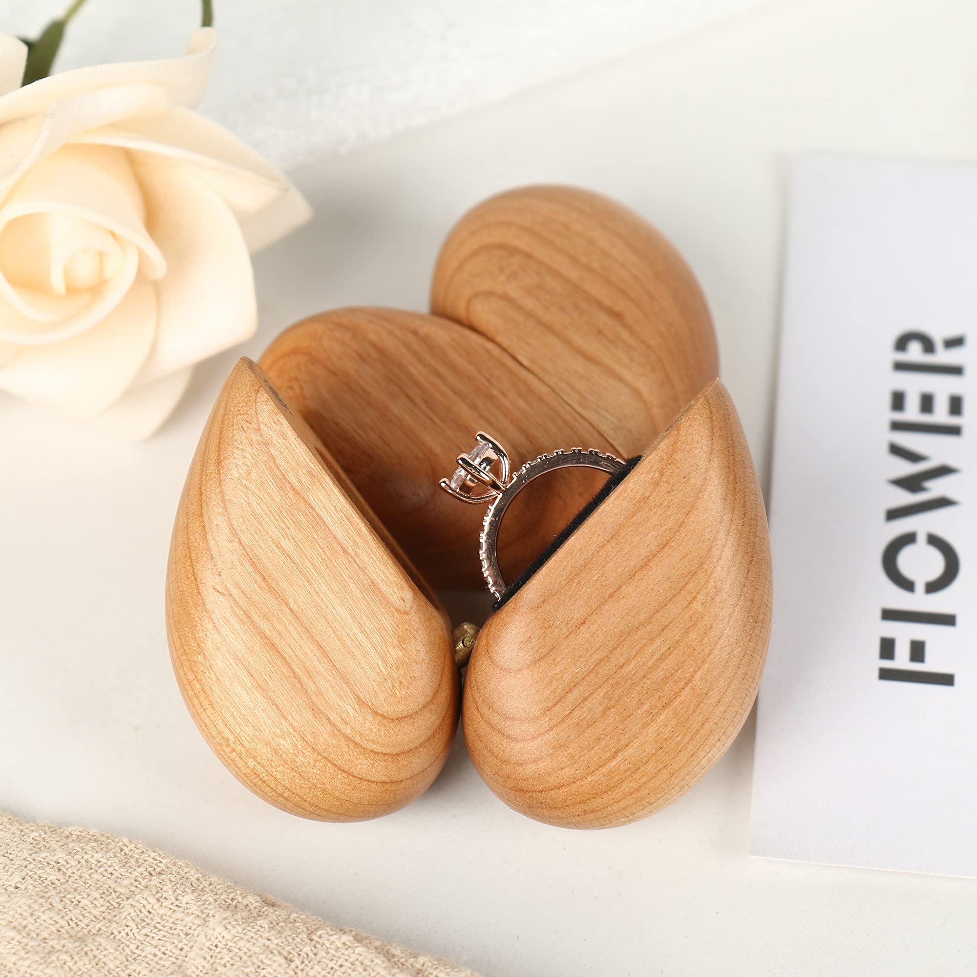 Wooden Ring Box Heart Shaped Ring Box for Wedding,Proposal,Engagement Ring Box,Wood Ring Case Wood Ring Holder Gift (True Love Eternal Cherry)