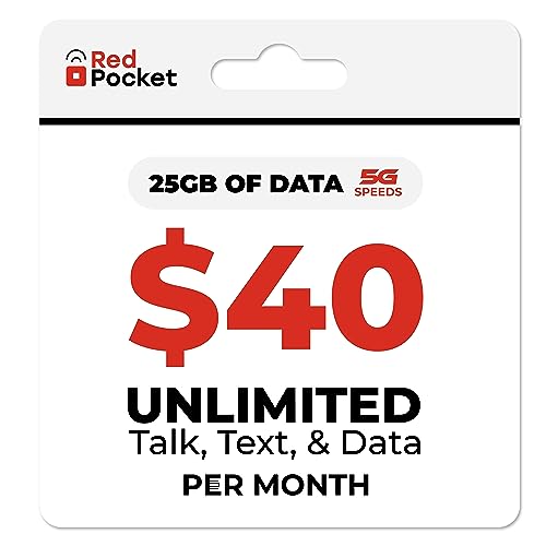 RedPocket Mobile $40/Month Phone Plan, Free SIM Card for Verizon Wireless-Compatible Phone, Unlimited Data, Talk & Text, 25GB High-Speed 5G & 4G Data
