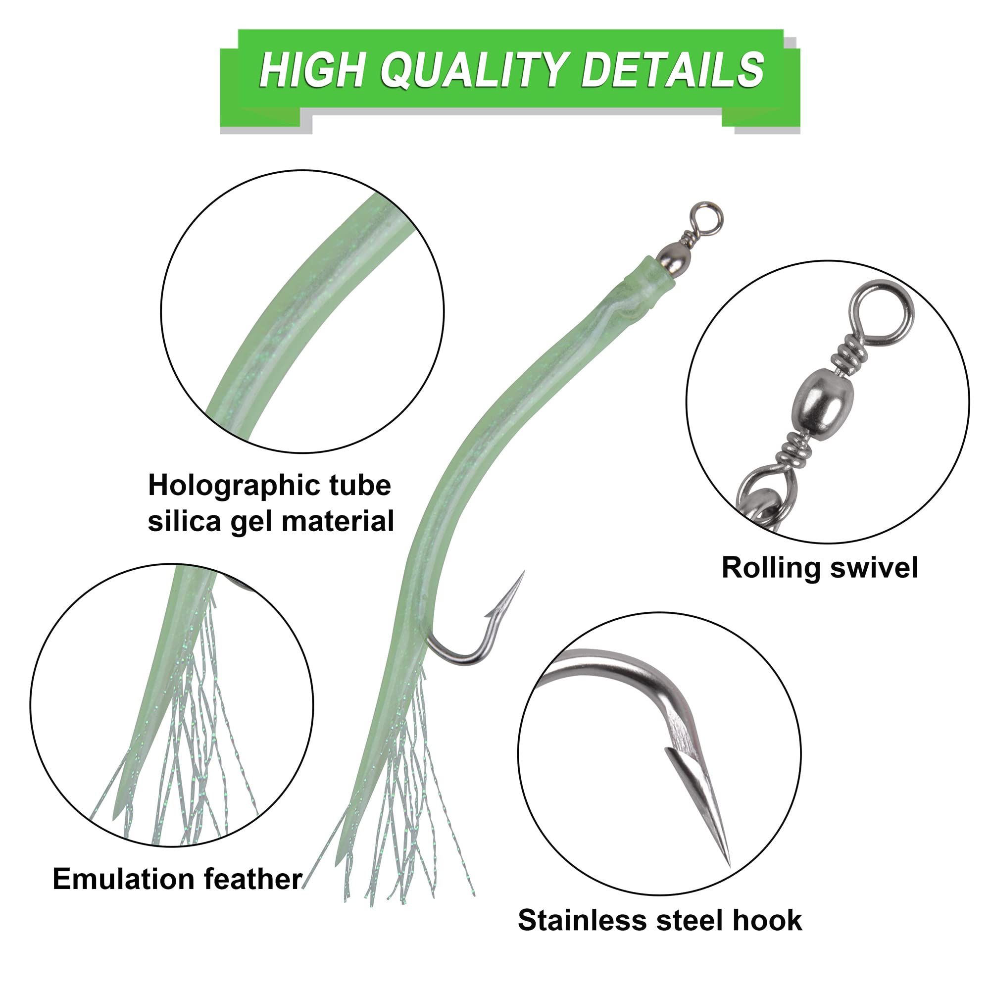 8 Packs Rubber Bass Tube Lures Cod Rig Teaser with Stainless Steel Hook Barrel Swivels Class Striped Bass Tube Lure Trolling Bass Cod Fishing EEL Hook Mix 7/0