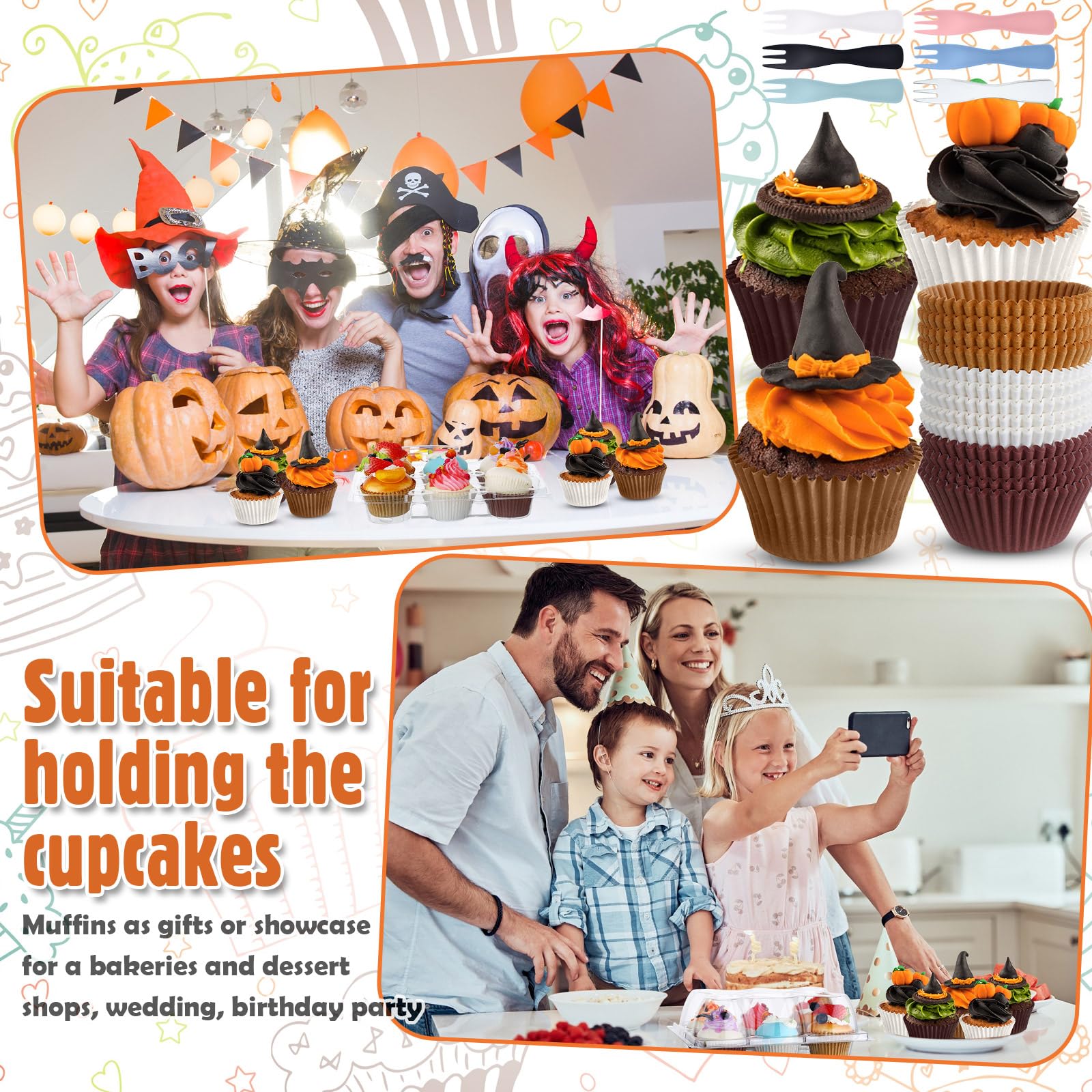 Uiifan 25 Pcs x 6 Counts Stackable Cupcake Carrier Holders with 300 Cupcake Liners and 150 Spoons, Plastic Cupcake Boxes for 6 Cupcakes Clear Disposable Container with Detachable Tall Dome Lid