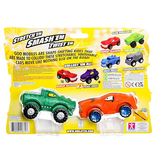 Heroes of Goo Jit Zu Goo Mobiles Versus Pack Turbo Tygor VS Rumble Rock Jaw. Two Stretchy, Squishy Vehicles. Stretch 'Em, Smash 'Em, Twist 'Em!