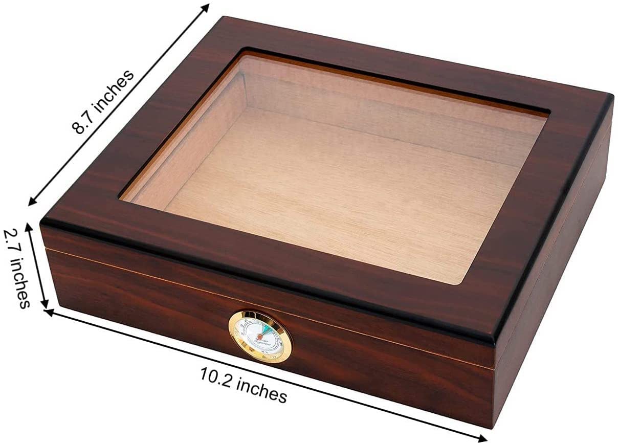 Handmade Humidor up to 25 Corona-Size Cigars, Glass Top Cigar Humidor Box, 100% Spanish Cedar Wood, Luxury Desktop Humidor with Hygrometer and Humidifier, High Gloss Walnut Finish.