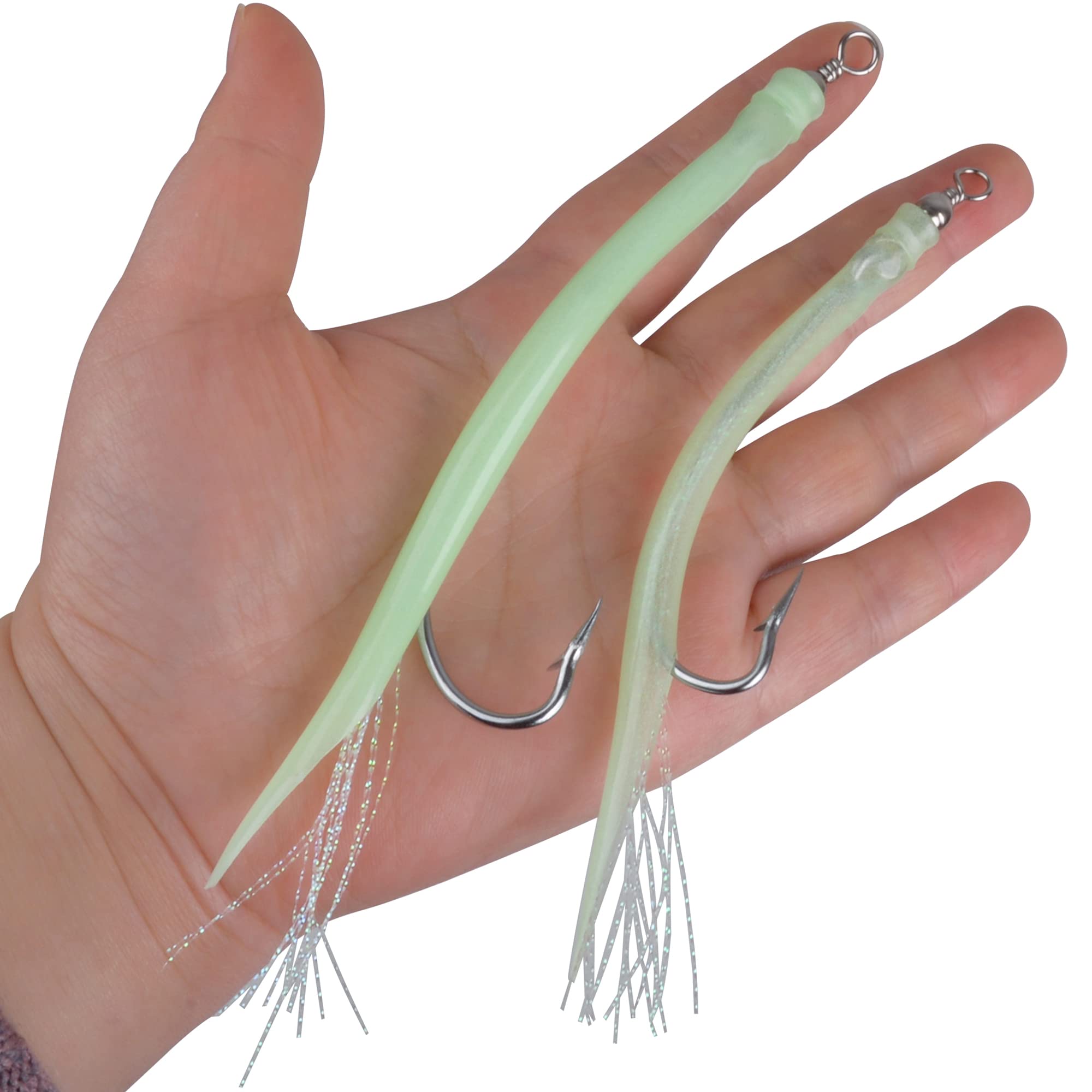 8 Packs Rubber Bass Tube Lures Cod Rig Teaser with Stainless Steel Hook Barrel Swivels Class Striped Bass Tube Lure Trolling Bass Cod Fishing EEL Hook Mix 7/0