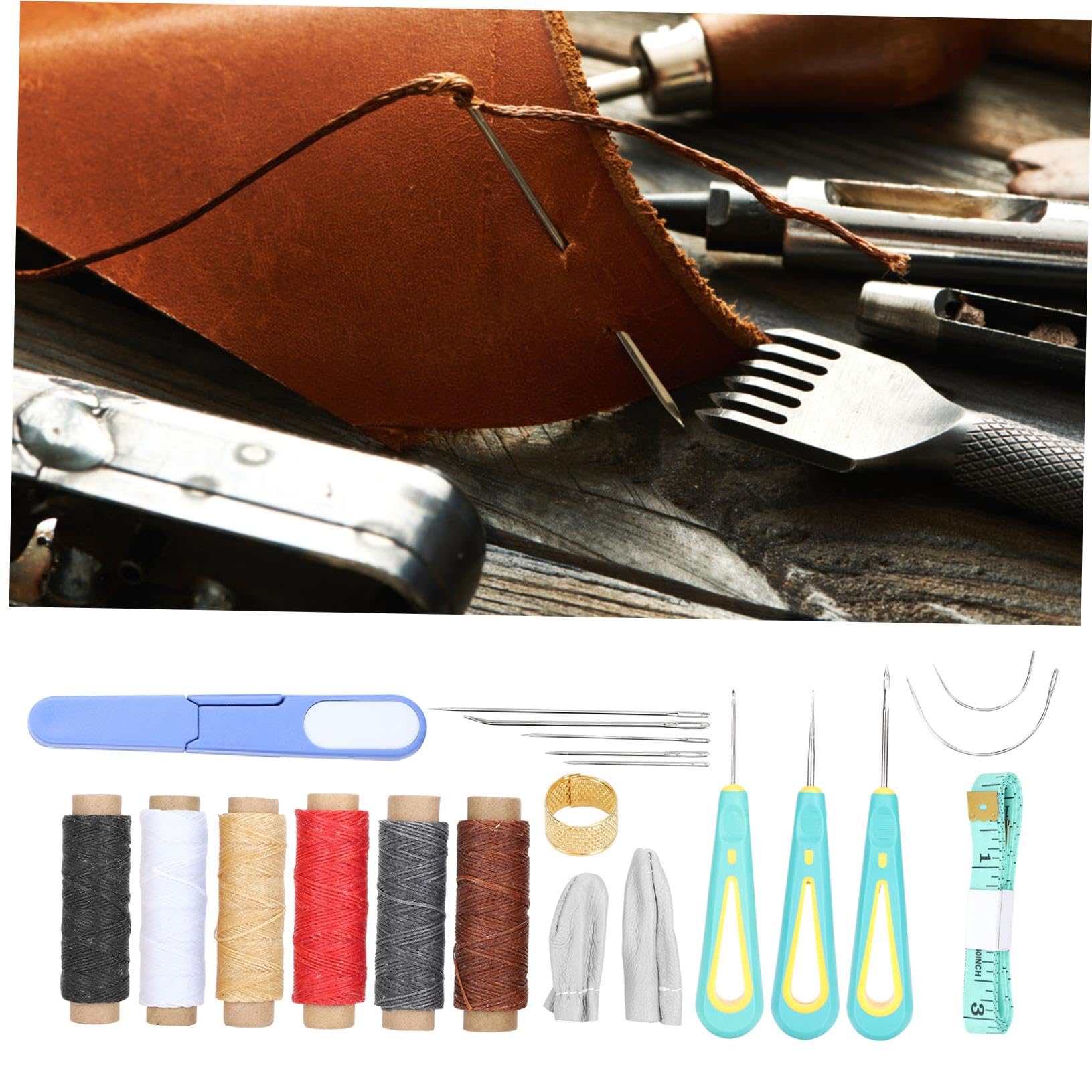 [Premium Leatherworking Tools] Complete Hand Sewing Supplies Kit with Craft Needle Set Waxed Thread for DIY Leather Craft - Essential Leatherworking Supplies
