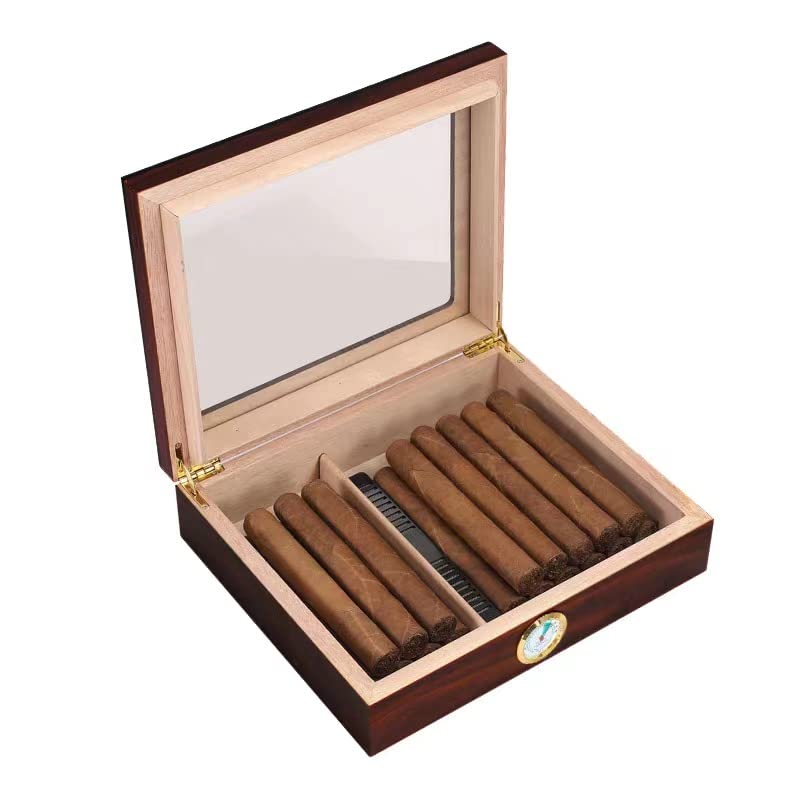 Handmade Humidor up to 25 Corona-Size Cigars, Glass Top Cigar Humidor Box, 100% Spanish Cedar Wood, Luxury Desktop Humidor with Hygrometer and Humidifier, High Gloss Walnut Finish.