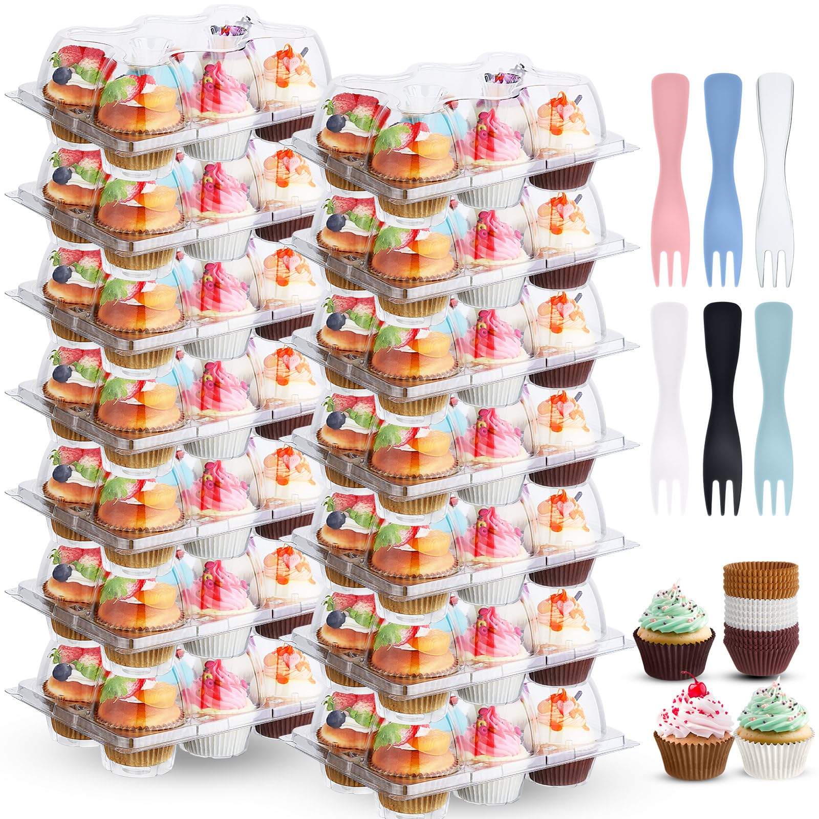 Uiifan 25 Pcs x 6 Counts Stackable Cupcake Carrier Holders with 300 Cupcake Liners and 150 Spoons, Plastic Cupcake Boxes for 6 Cupcakes Clear Disposable Container with Detachable Tall Dome Lid