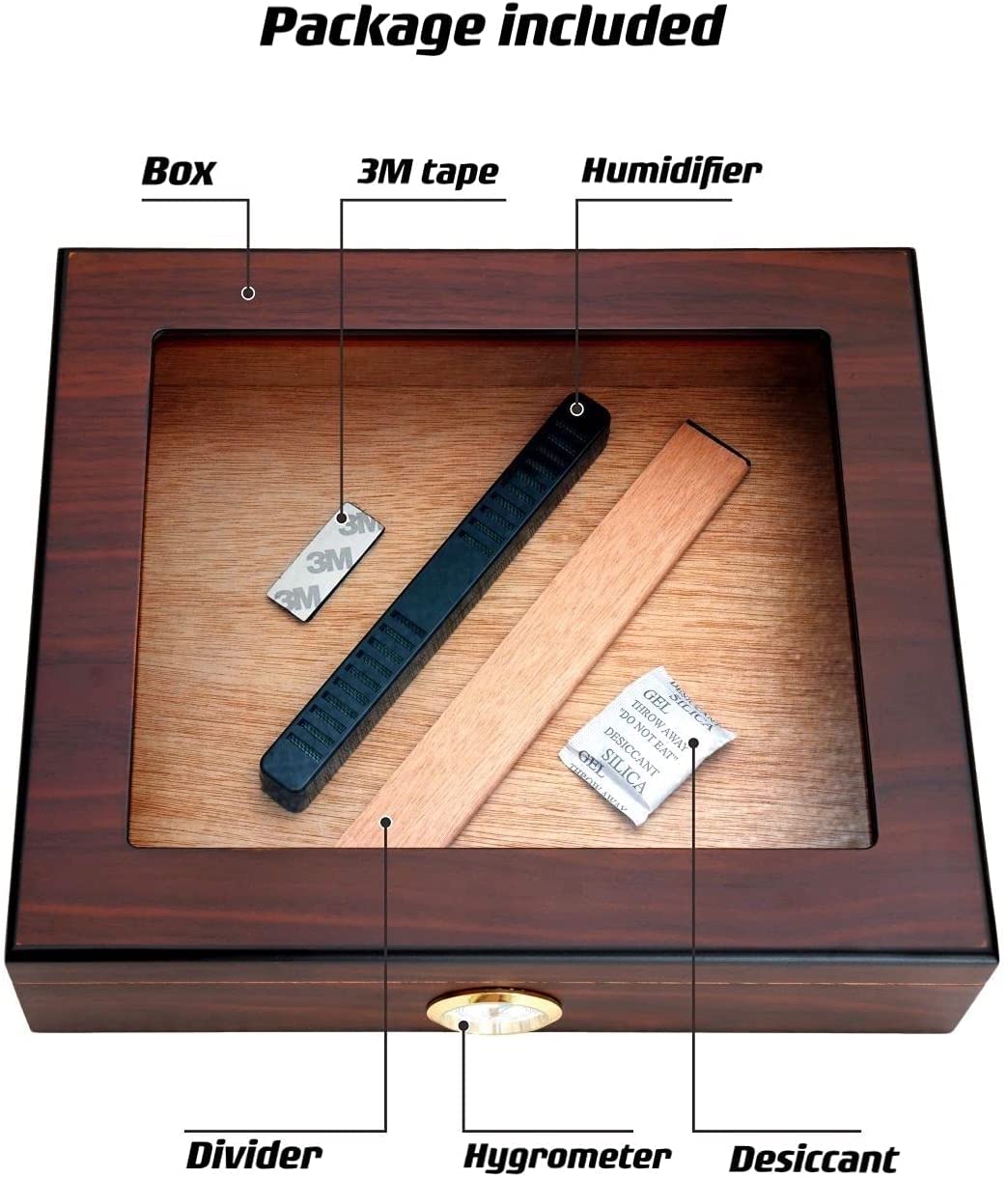 Handmade Humidor up to 25 Corona-Size Cigars, Glass Top Cigar Humidor Box, 100% Spanish Cedar Wood, Luxury Desktop Humidor with Hygrometer and Humidifier, High Gloss Walnut Finish.