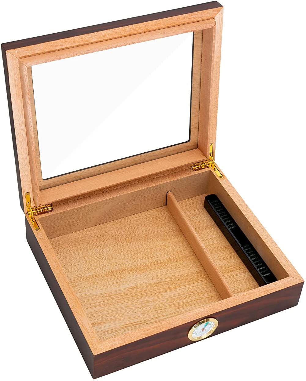 Handmade Humidor up to 25 Corona-Size Cigars, Glass Top Cigar Humidor Box, 100% Spanish Cedar Wood, Luxury Desktop Humidor with Hygrometer and Humidifier, High Gloss Walnut Finish.