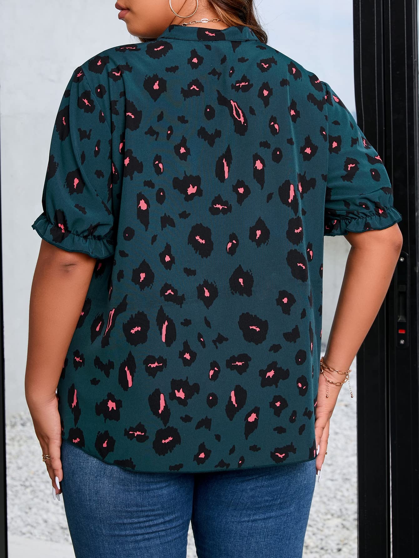 SOLY HUX Women's Plus Size Allover Printed Notched V Neck Short Sleeve Casual Blouse Tops Teal Blue 1XL