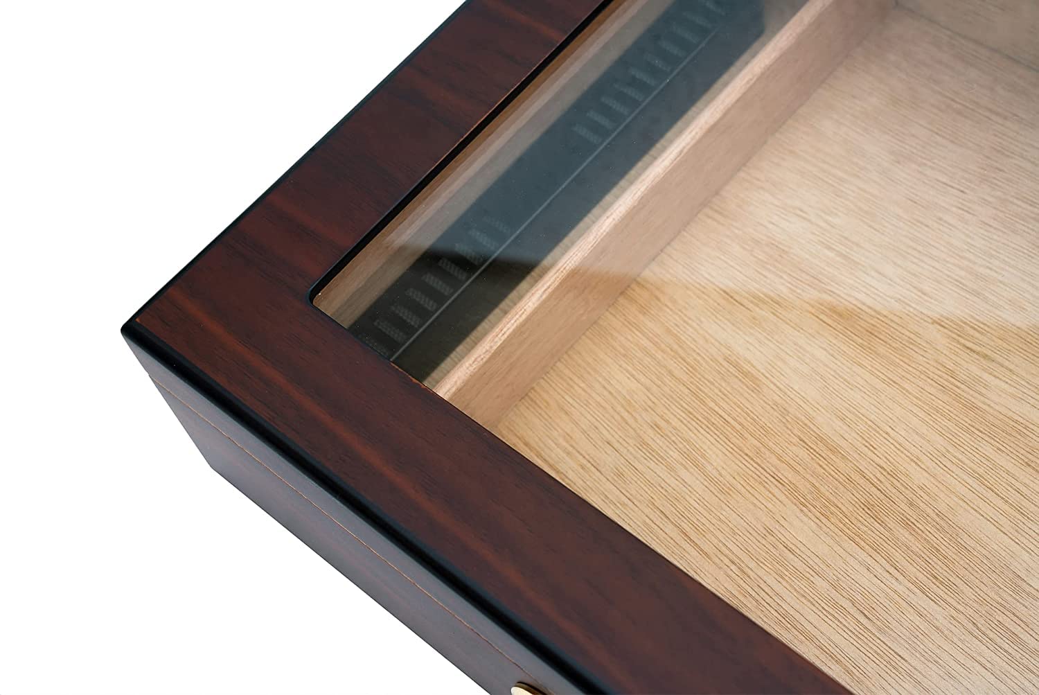 Handmade Humidor up to 25 Corona-Size Cigars, Glass Top Cigar Humidor Box, 100% Spanish Cedar Wood, Luxury Desktop Humidor with Hygrometer and Humidifier, High Gloss Walnut Finish.