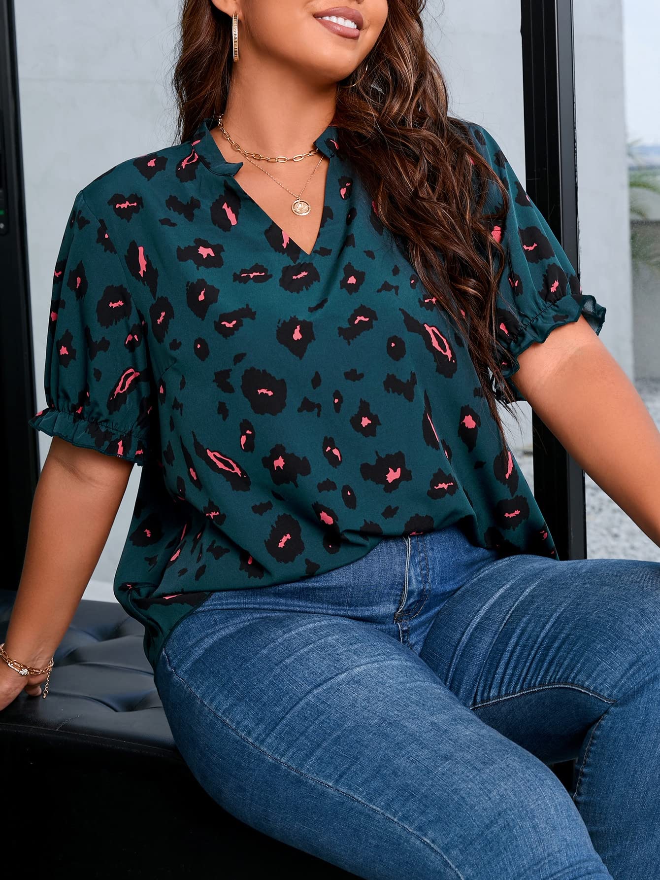 SOLY HUX Women's Plus Size Allover Printed Notched V Neck Short Sleeve Casual Blouse Tops Teal Blue 1XL