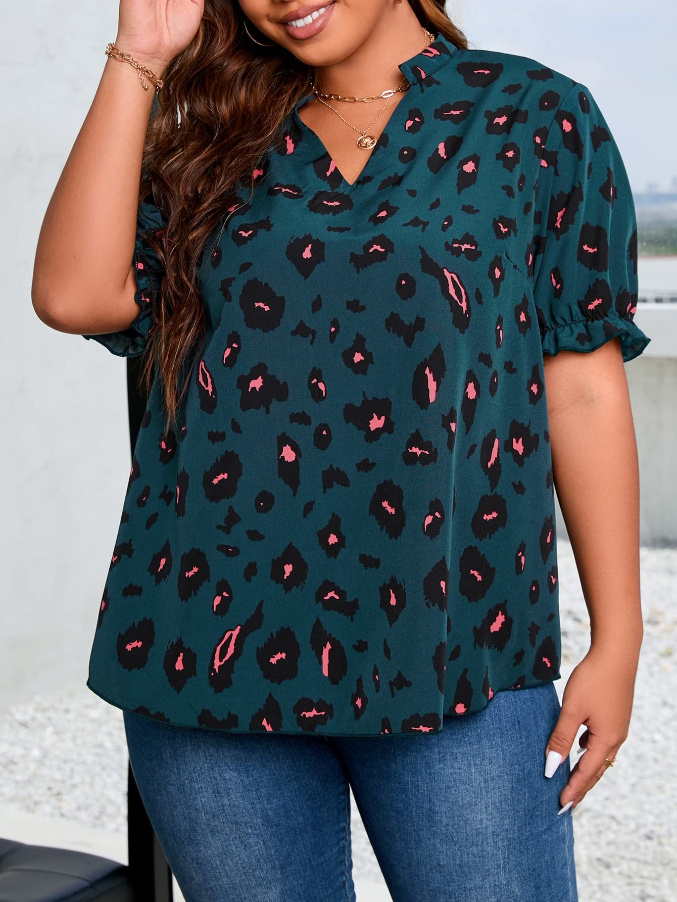 SOLY HUX Women's Plus Size Allover Printed Notched V Neck Short Sleeve Casual Blouse Tops Teal Blue 1XL