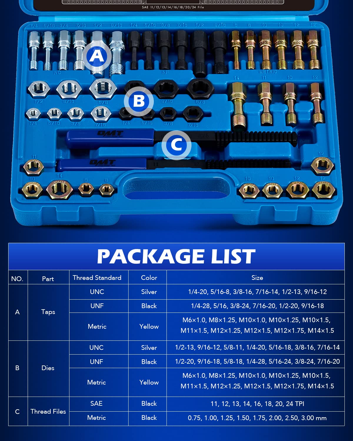 Orion Motor Tech 48 Piece Thread Chaser Set, Metric and SAE Thread Repair Kit with 22 Taps 24 Dies 2 Thread Files, Universal Rethreading Kit Thread Restorer Tool Set in UNC UNF Metric Sizes with Case