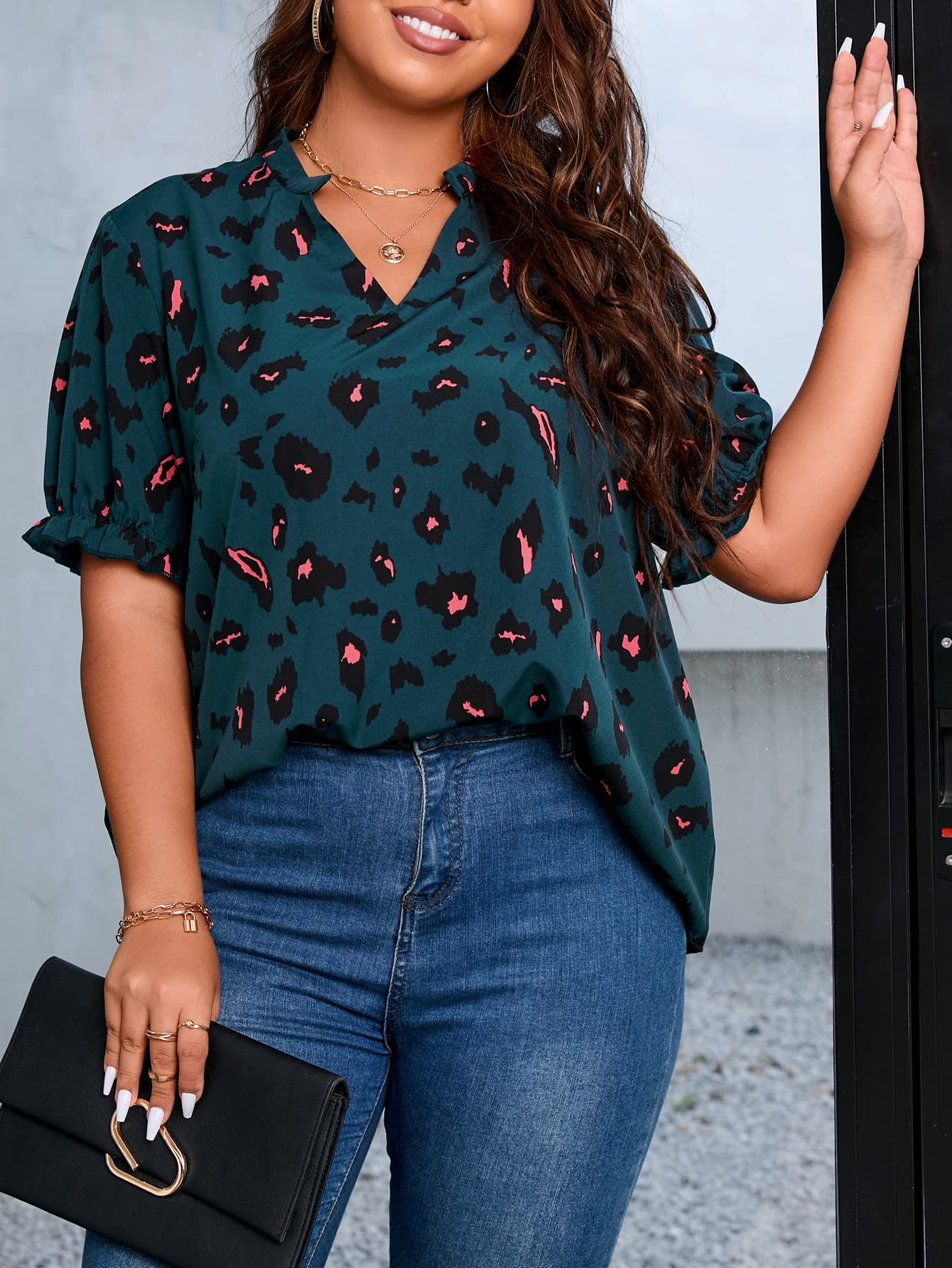 SOLY HUX Women's Plus Size Allover Printed Notched V Neck Short Sleeve Casual Blouse Tops Teal Blue 1XL