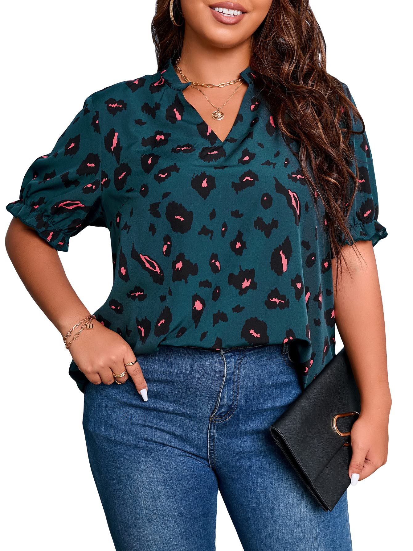 SOLY HUX Women's Plus Size Allover Printed Notched V Neck Short Sleeve Casual Blouse Tops Teal Blue 1XL