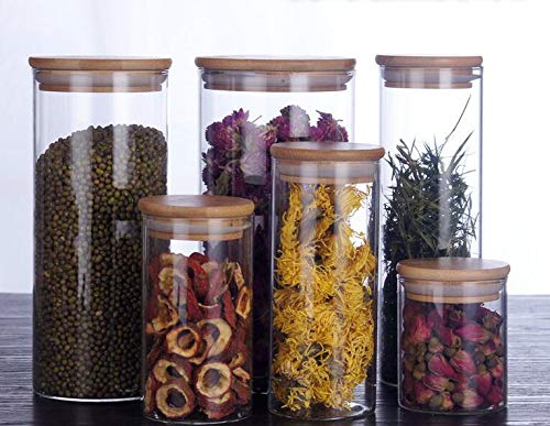 Glass Food Storage Jar Canister - Cylinder Airtight Kitchen Container with Natural Wood Lid for Tea Dry Fruit Nuts Candy Seasoning Spaghetti Coffee Bean Clear Sealing size 250ML/8.5oz