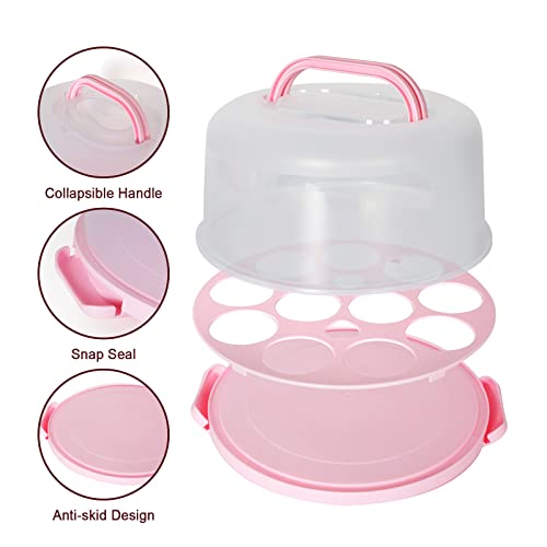 Garmeinea Cake Carrier Cupcake Containers with Lid and Handle Portable Storage & Transport Container Holder 10” Cake Stand for Cake Cupcakes Nuts Pies Muffins Cookies Fruit Pink