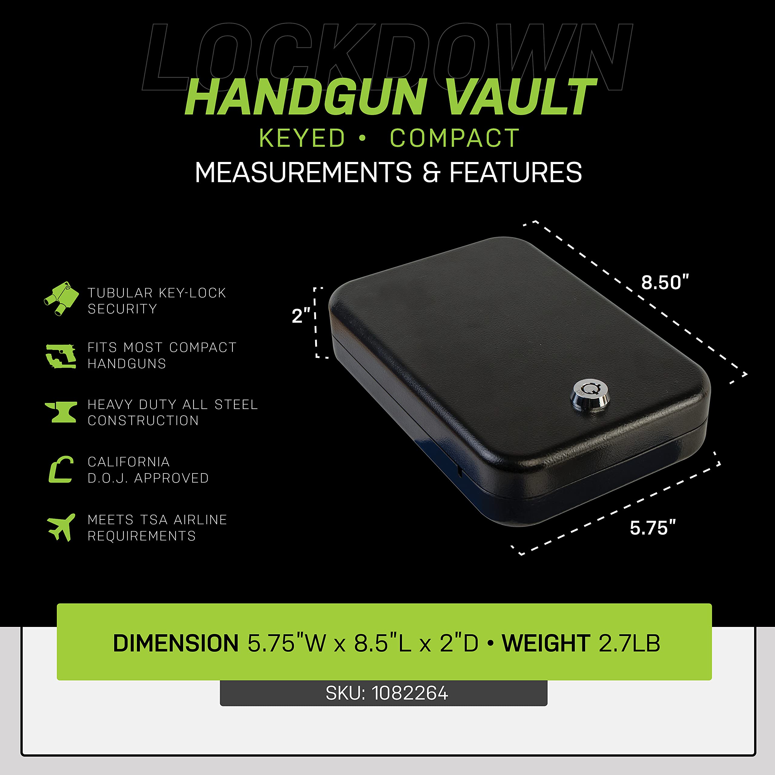 Lockdown Keyed Compact and Subcompact Handgun Vault with All Steel Construction, TSA Approval and CA DOJ Certification for Secure Storage and Travel