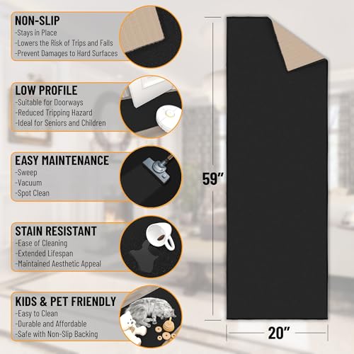Machine Washable Modern Solid Design Non-Slip Rubberback 2x5 Traditional Runner Rug for Hallway, Kitchen, Bedroom, Entryway, 20" x 59", Black