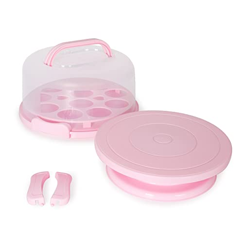 Garmeinea Cake Carrier Cupcake Containers with Lid and Handle Portable Storage & Transport Container Holder 10” Cake Stand for Cake Cupcakes Nuts Pies Muffins Cookies Fruit Pink