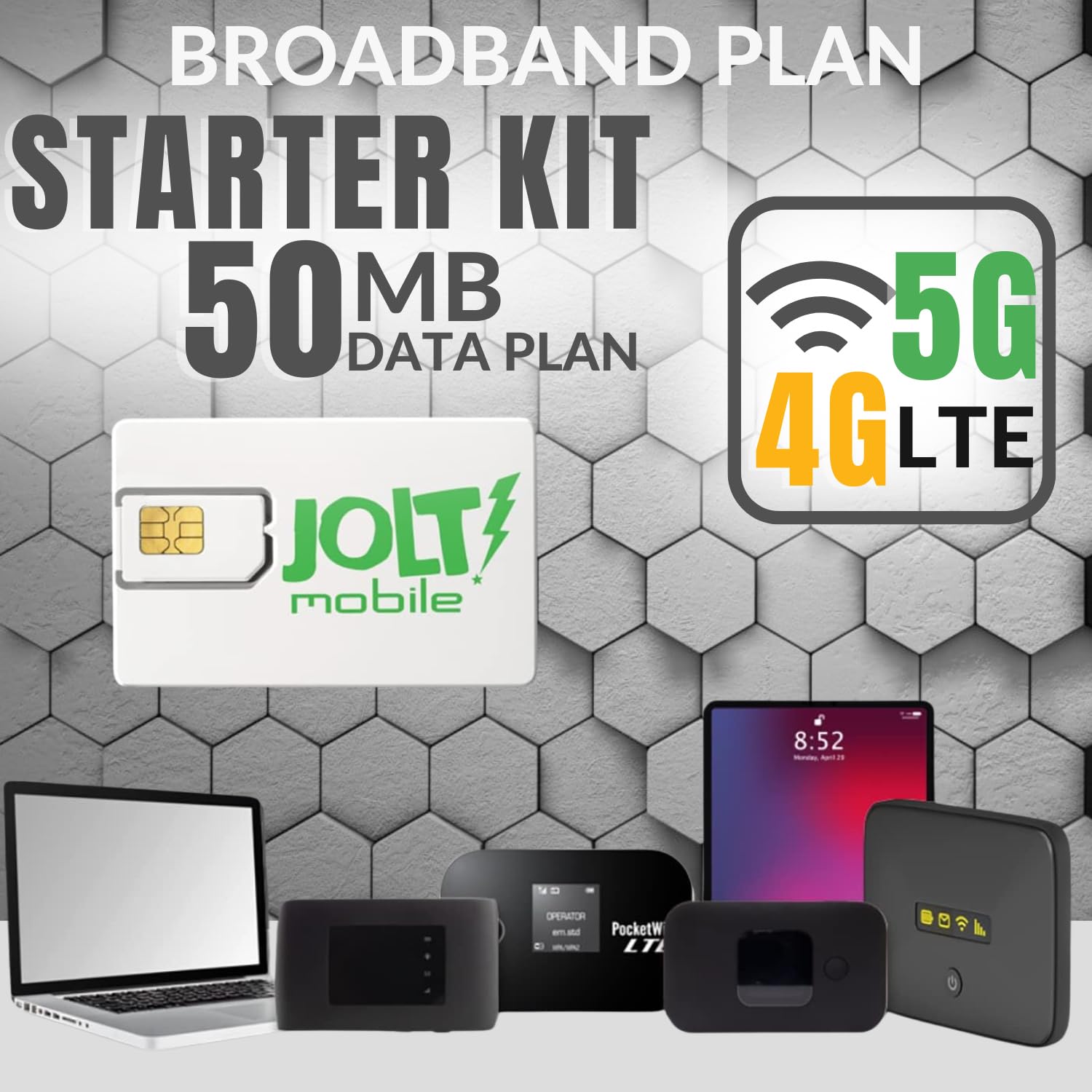 Jolt Mobile Starter Kit Free 50MB Data Service 15 Days AT&T 5G 4G LTE SIM Card for GPS trackers, Smart Watches, Hotspots, WiFi, MiFi, USB Sticks, Mobile Routers, Triple Cut SIM Fits All IoT Devices