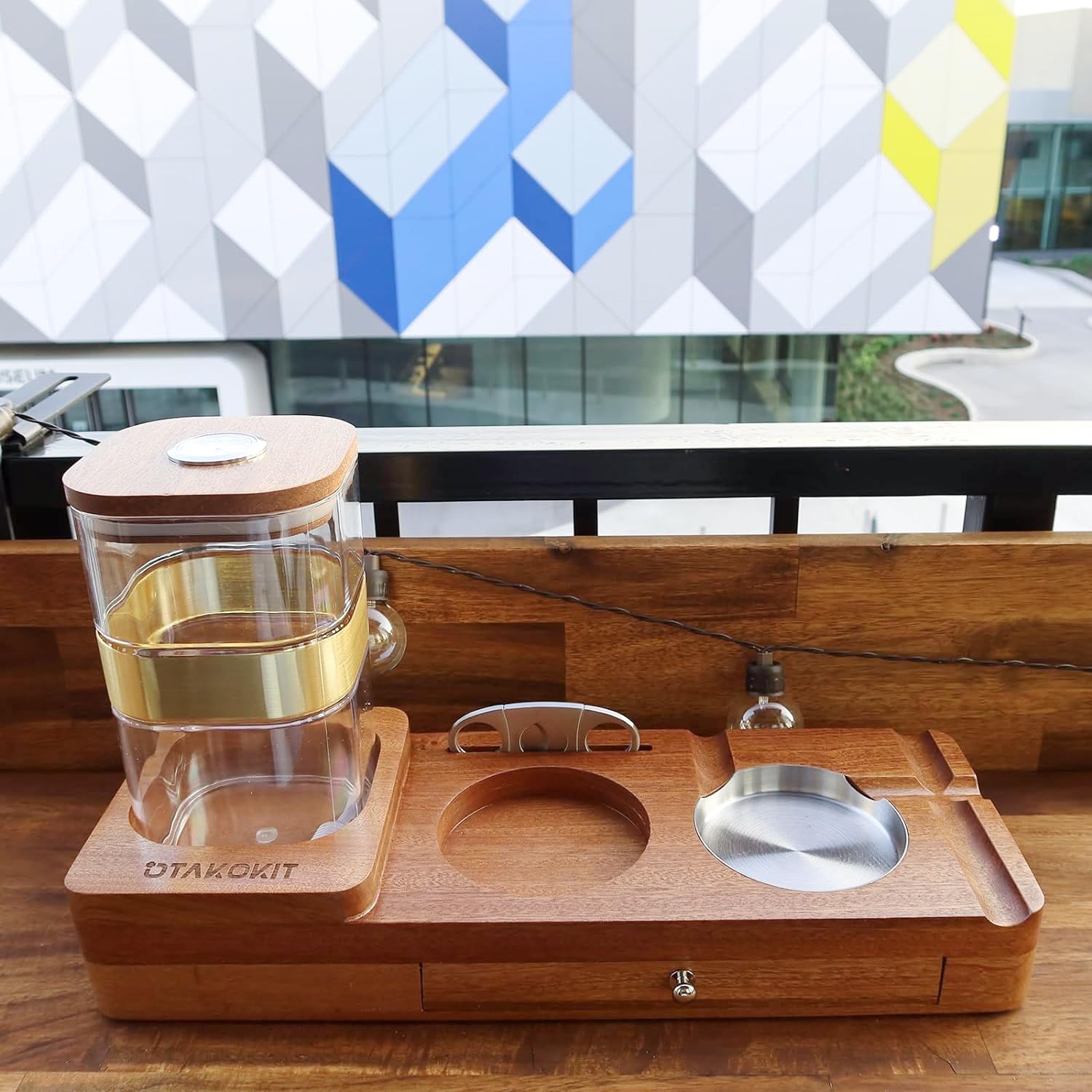 OTAKOKIT Cigar Humidor and Cigar Ashtray Set With Whiskey Coasters, Acrylic Cigar Jar, Humidifier, Drawer, Cigar Holder and Cigar Cutter, Cigar Accessories Decor, Personalized Cigar Gifts for Men