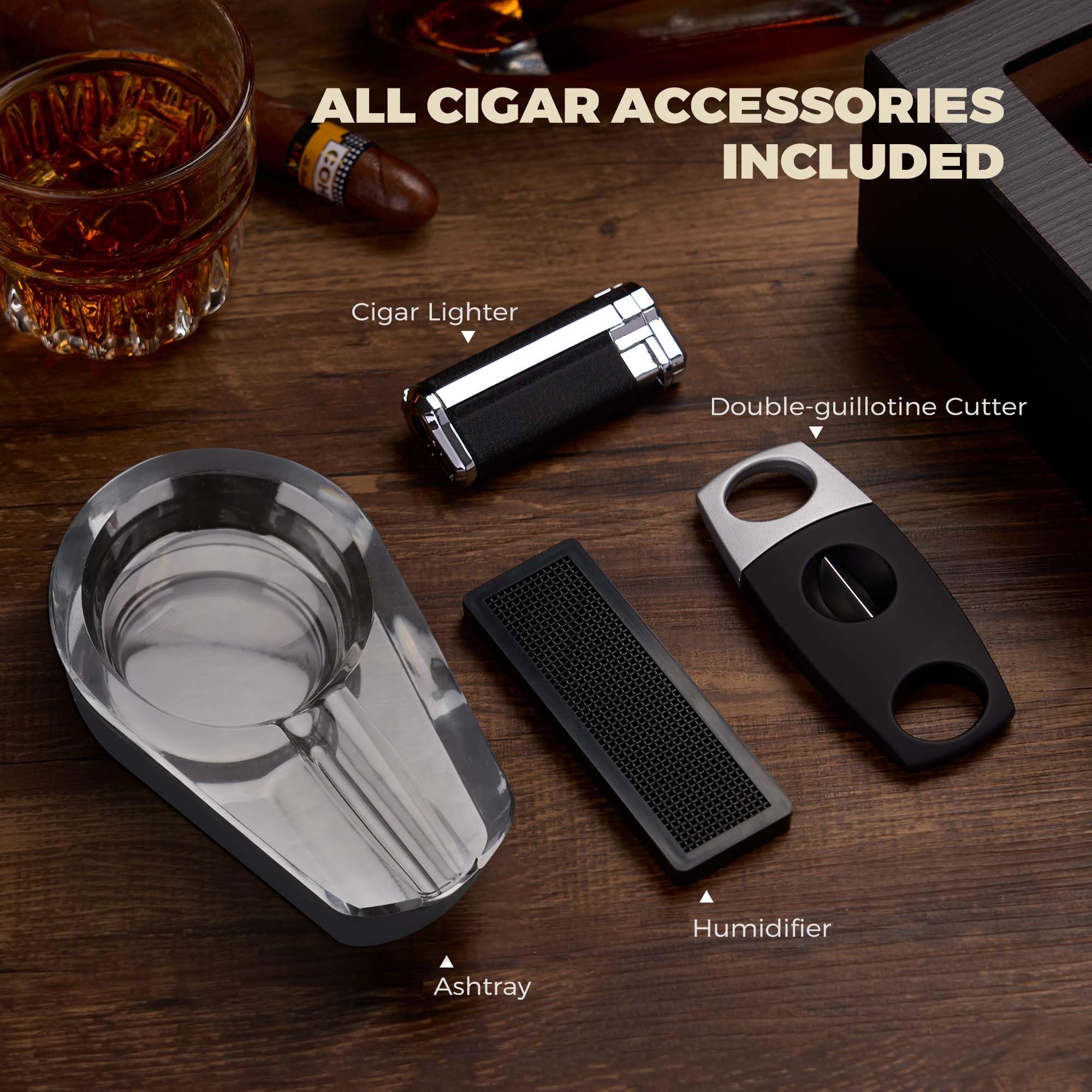 CINOROW Cigar Humidor Box with Lighter and Cutter, Digital Hygrometer and Humidifier, Ashtray, Spanish Cedar Lining and Divider for 25 Cigars, Cigar Accessories Gifts for Men