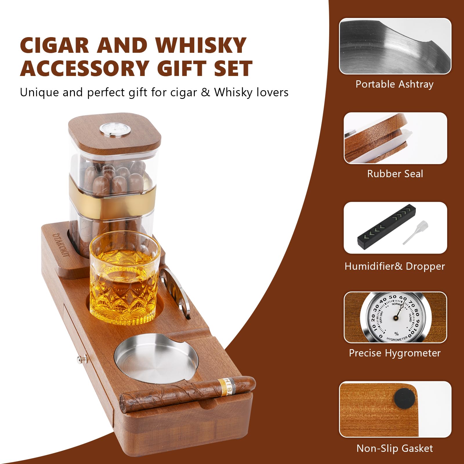 OTAKOKIT Cigar Humidor and Cigar Ashtray Set With Whiskey Coasters, Acrylic Cigar Jar, Humidifier, Drawer, Cigar Holder and Cigar Cutter, Cigar Accessories Decor, Personalized Cigar Gifts for Men