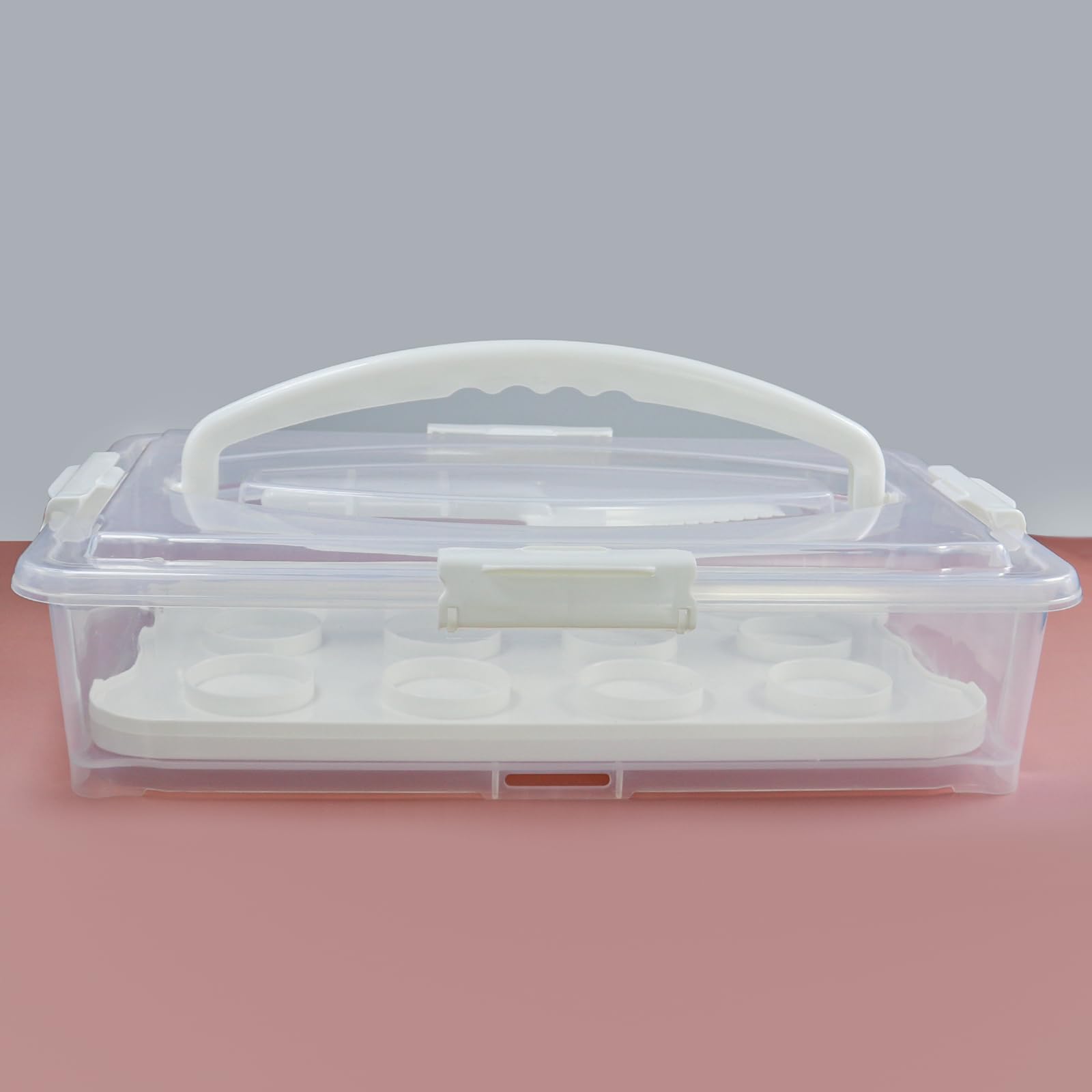 DIIRPPR White Plastic Cupcake And Cake Carrier - Stackable Cupcake Holder, Dessert Carrier For Full Size 17.2"x10.2" Cake Pans Or 12-Count Cupcake Tray, Cupcake Carrier & Cake Box (One Tier)