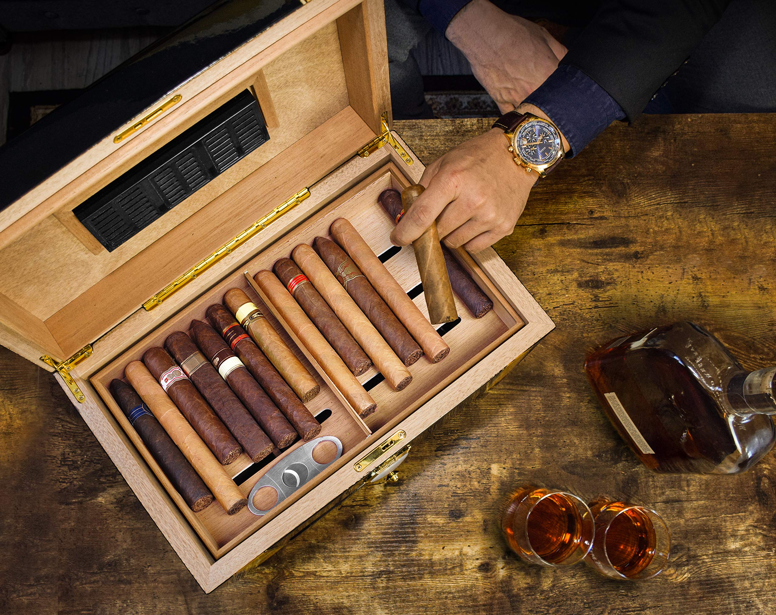 69Bourbons Exotic Cigar Humidor - Large Ebony Wood Storage Box with Spanish Cedar Wood Interior, Accessory Drawer, Exterior Hygrometer - Airtight Humidity, Removable Dividers - Cabinet for 150 Cigars