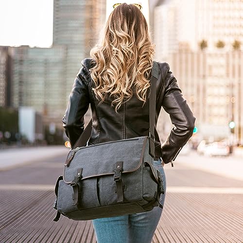 Vintage Canvas 15.6 inch Laptop Messenger Bag for Men Women, College Computer Satchel Shoulder Bag Travel Office Briefcases (Black - 2)