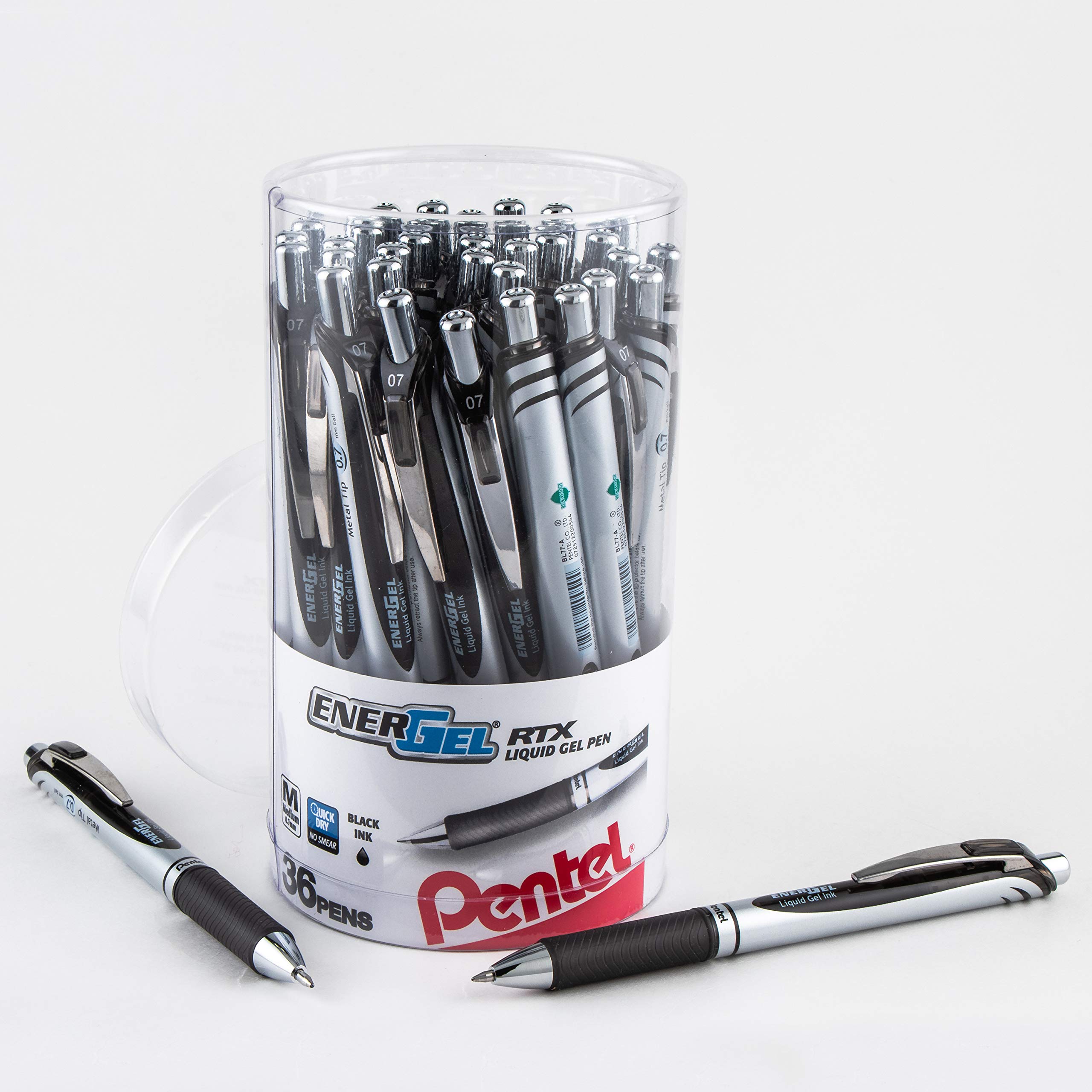 Pentel EnerGel RTX Retractable Liquid Gel Pen Canister, Black Ink, 36Pk (BL77PC36A)