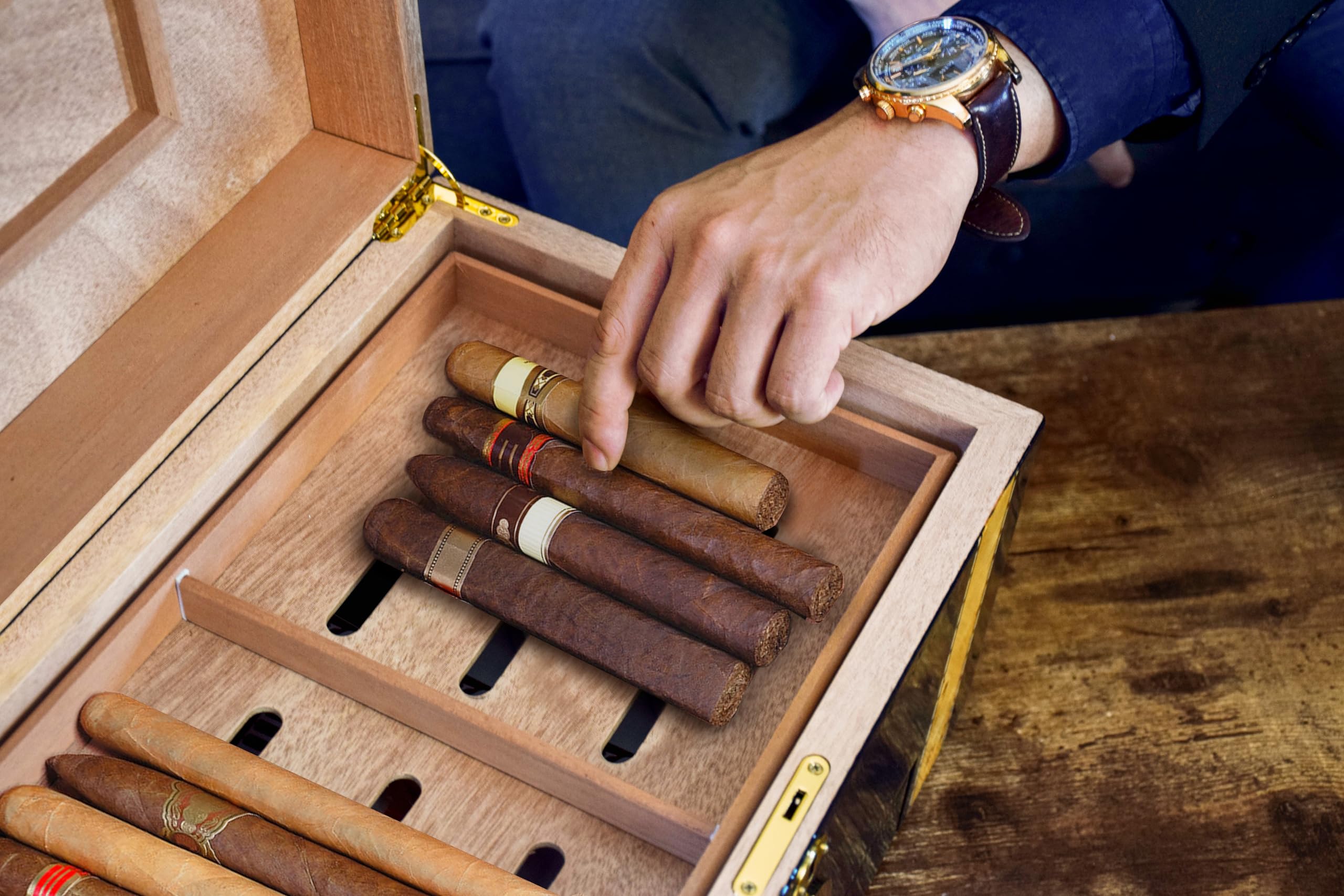 69Bourbons Exotic Cigar Humidor - Large Ebony Wood Storage Box with Spanish Cedar Wood Interior, Accessory Drawer, Exterior Hygrometer - Airtight Humidity, Removable Dividers - Cabinet for 150 Cigars