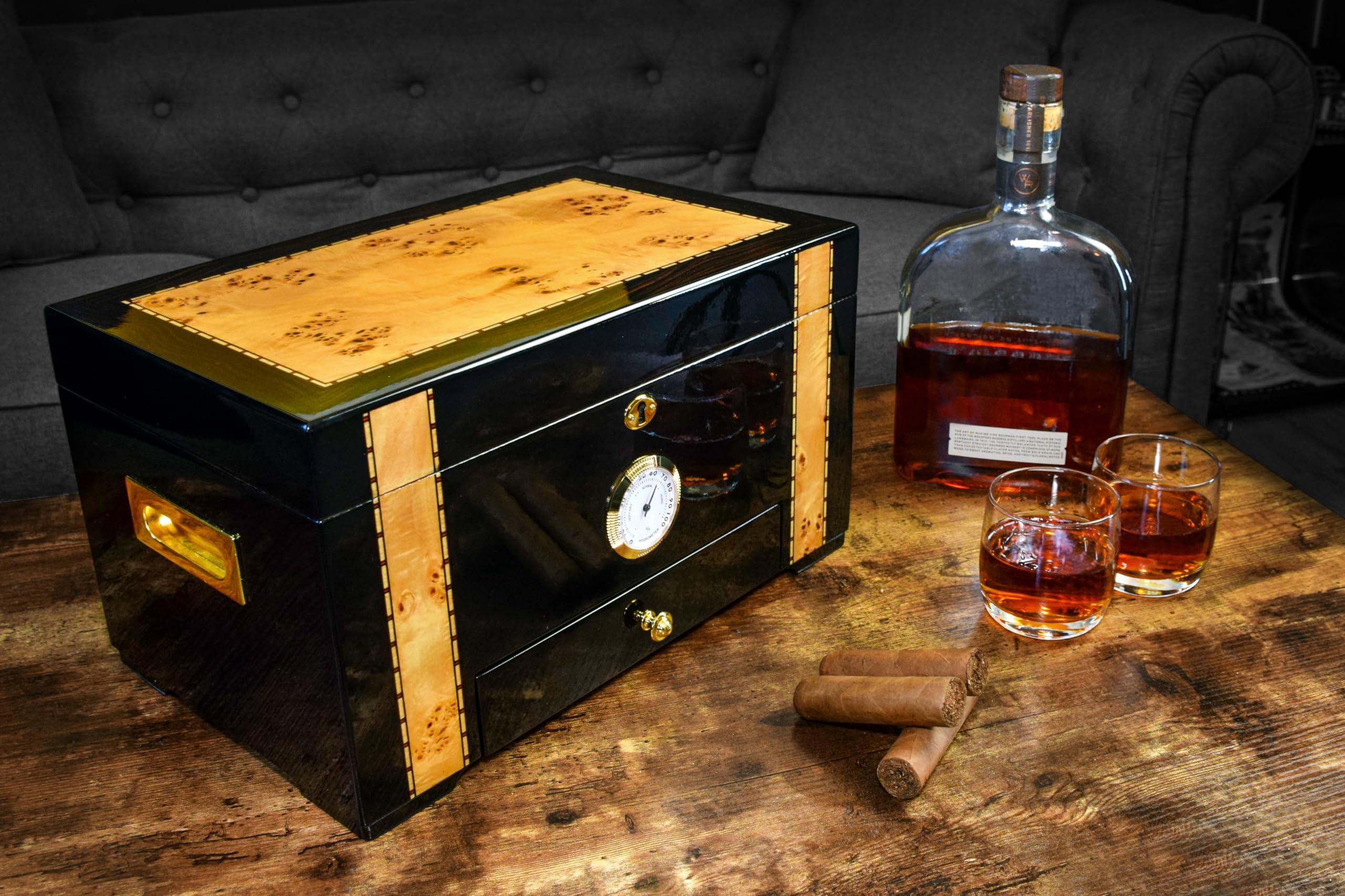 69Bourbons Exotic Cigar Humidor - Large Ebony Wood Storage Box with Spanish Cedar Wood Interior, Accessory Drawer, Exterior Hygrometer - Airtight Humidity, Removable Dividers - Cabinet for 150 Cigars