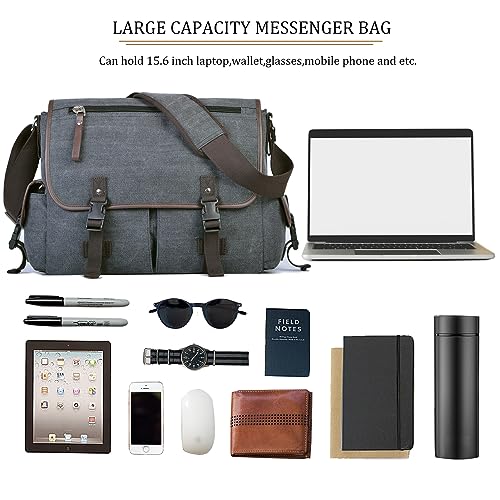Vintage Canvas 15.6 inch Laptop Messenger Bag for Men Women, College Computer Satchel Shoulder Bag Travel Office Briefcases (Black - 2)