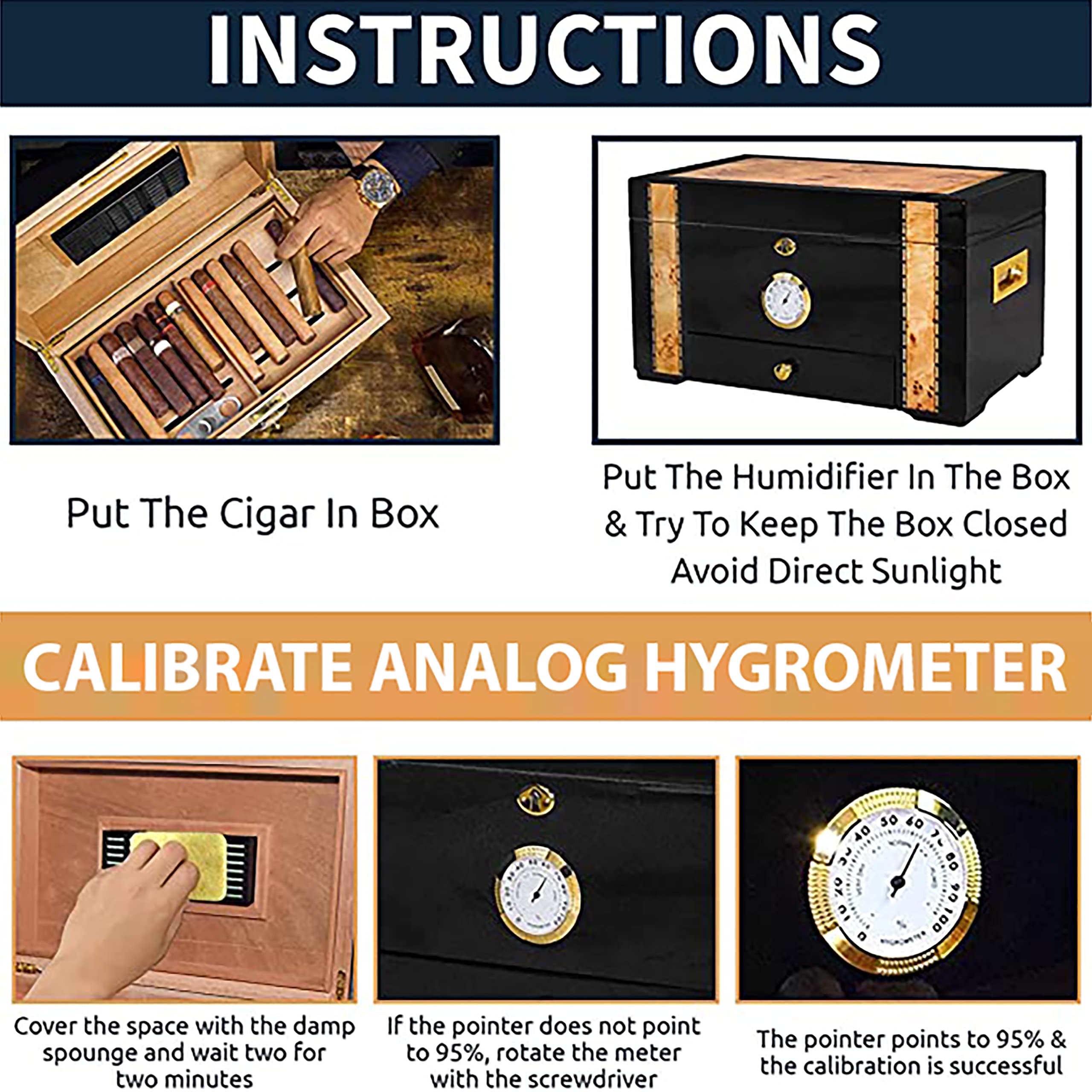 69Bourbons Exotic Cigar Humidor - Large Ebony Wood Storage Box with Spanish Cedar Wood Interior, Accessory Drawer, Exterior Hygrometer - Airtight Humidity, Removable Dividers - Cabinet for 150 Cigars